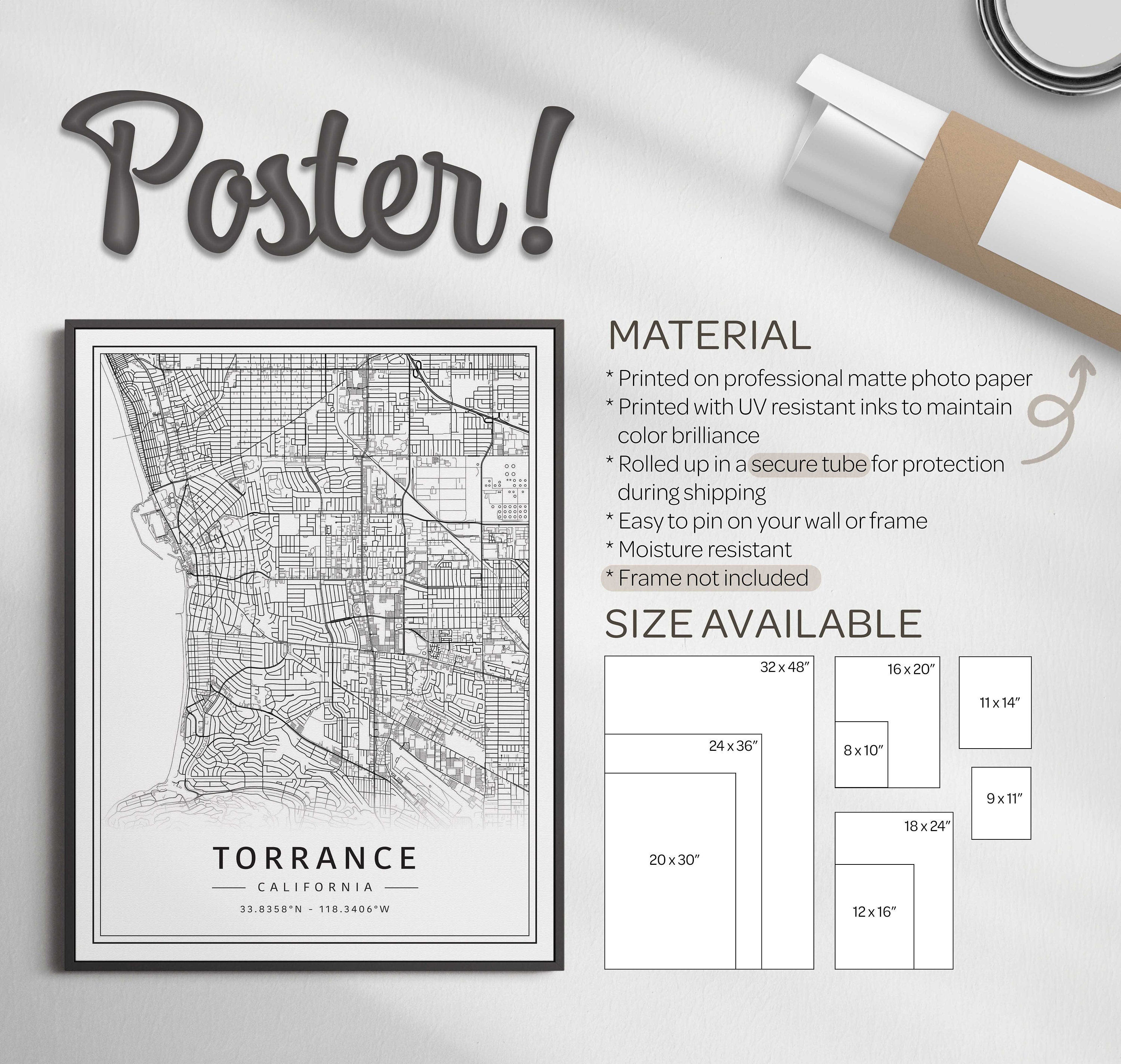 Torrance California Street Map Print Acrylic Glass Torrance City Map ...