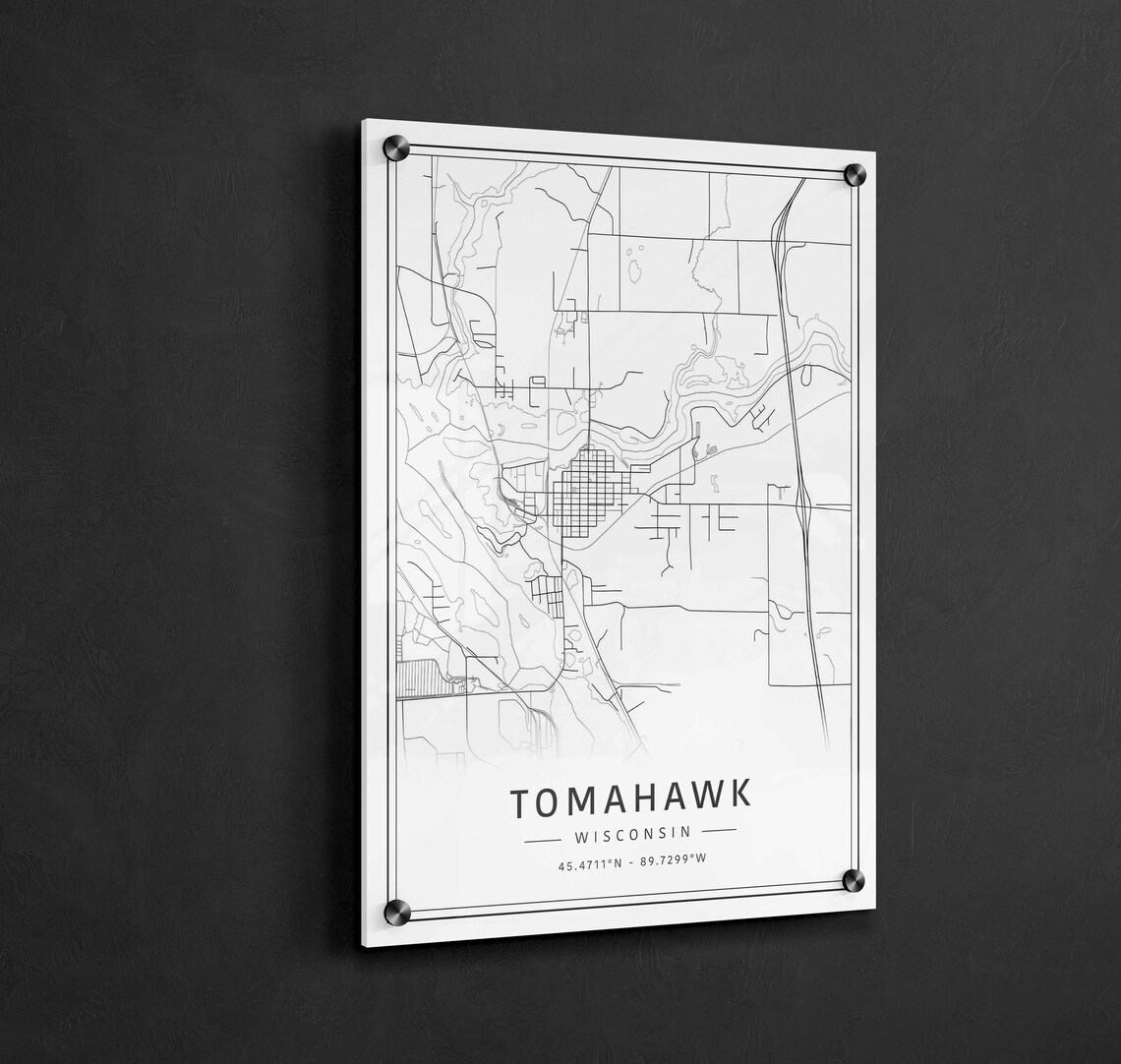 Tomahawk Wisconsin Street Map Print | Acrylic Glass Tomahawk City Map ...