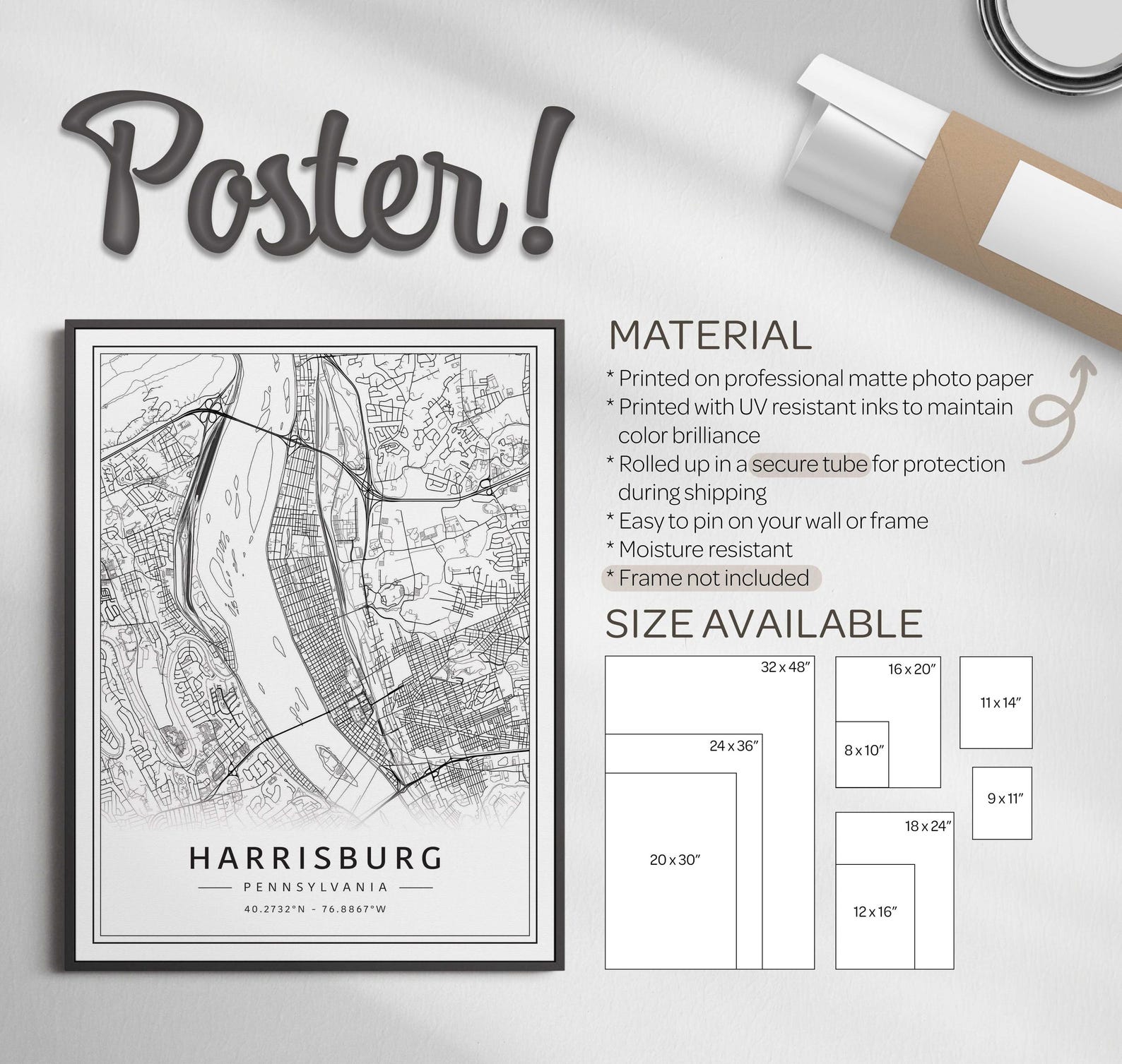 Harrisburg PA Street Map Print | Acrylic Harrisburg City Map Print ...