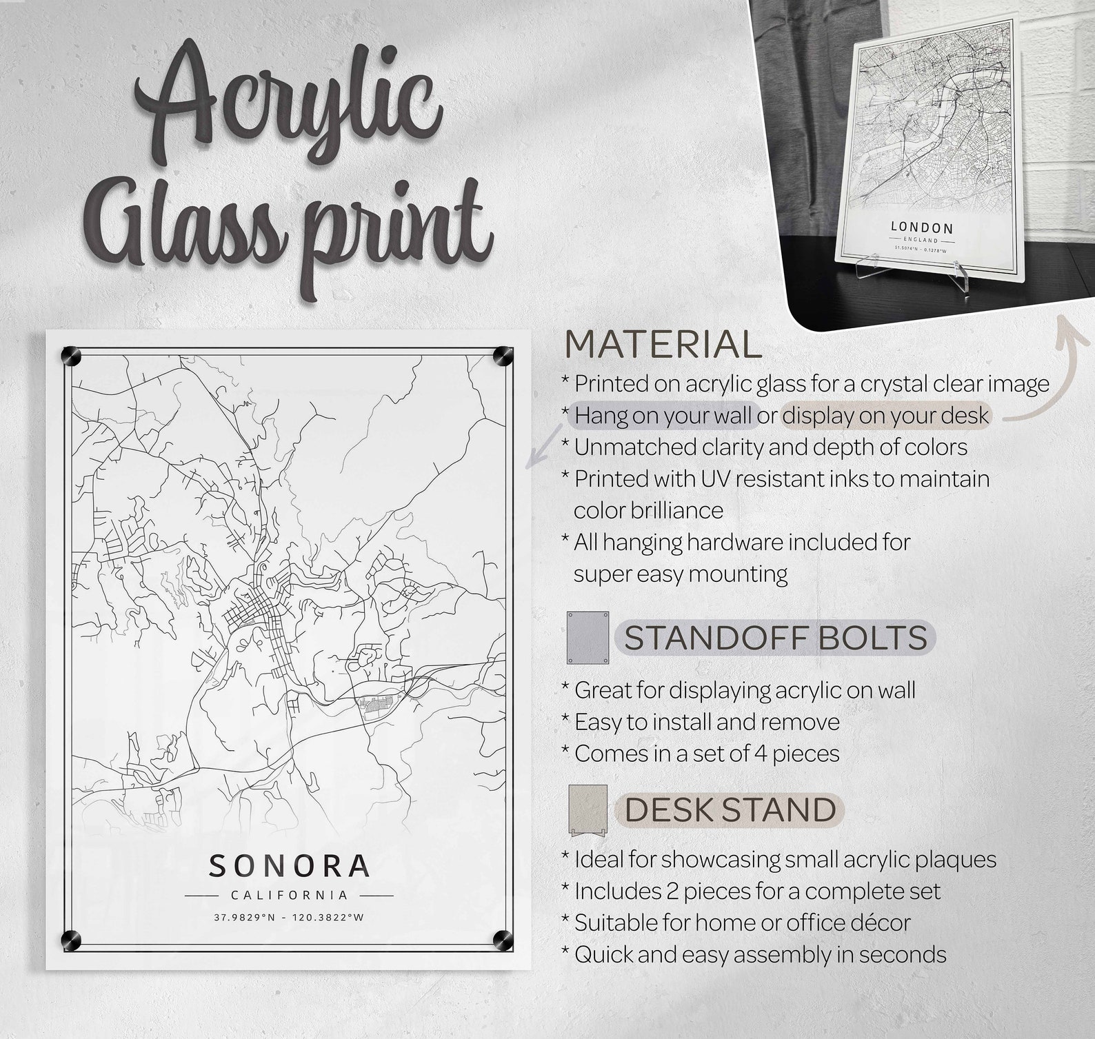 Sonora California Street Map Print Acrylic Glass Sonora City Map Print ...