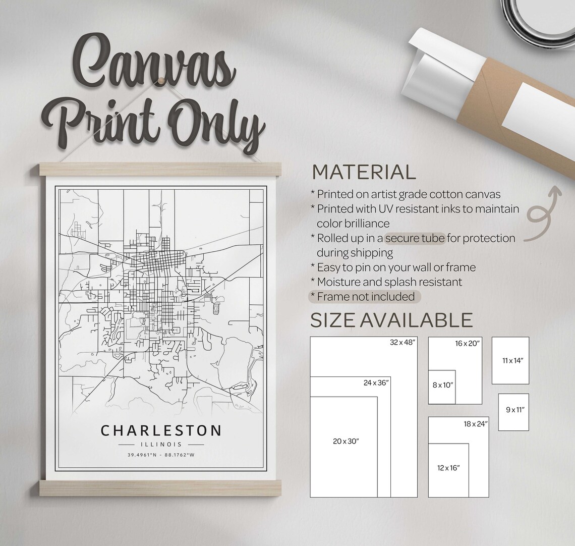 Charleston Illinois Street Map Print | Acrylic Glass Charleston City ...