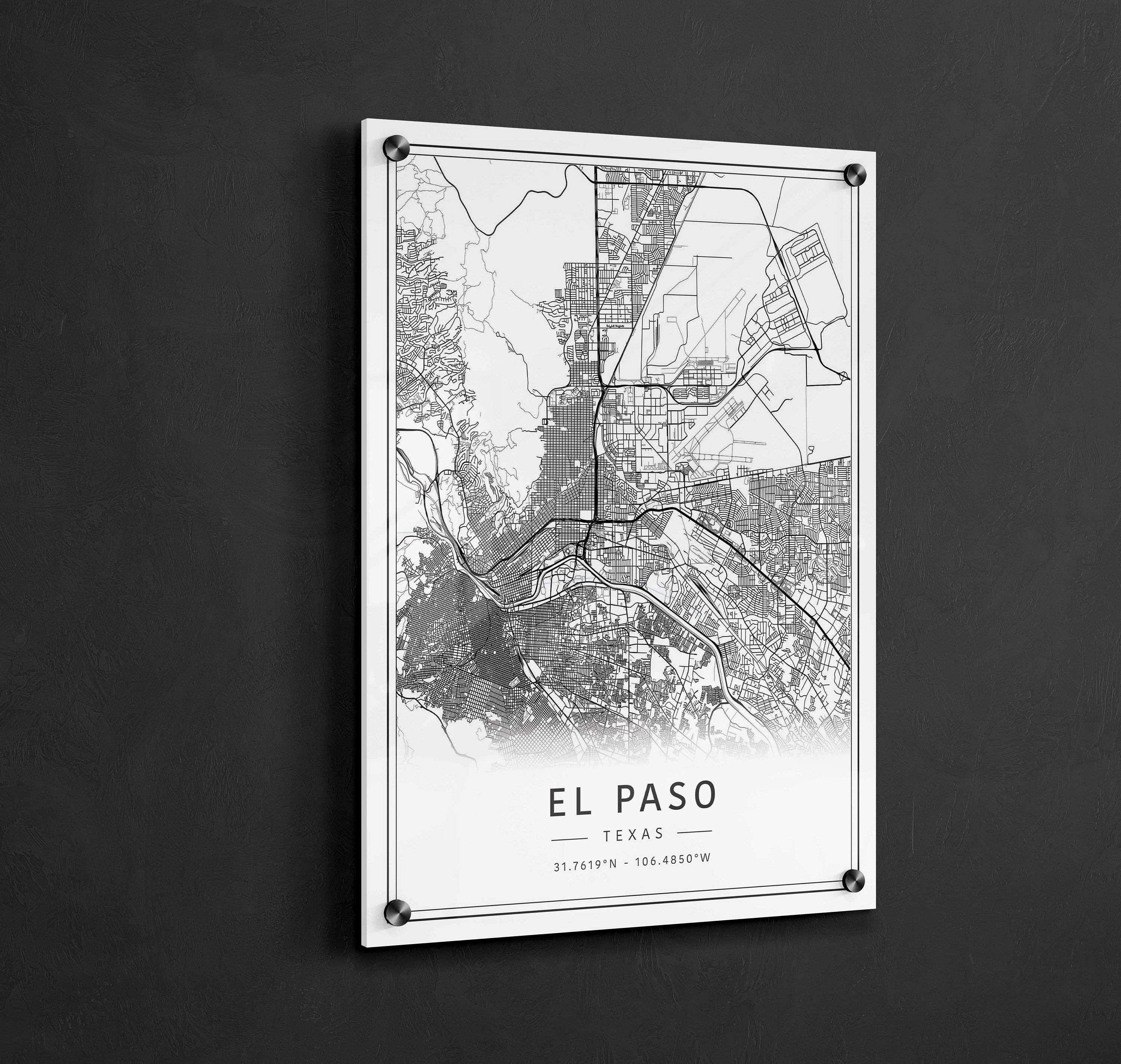 El Paso Texas Street Map Print Acrylic Glass El Paso City Map Print ...