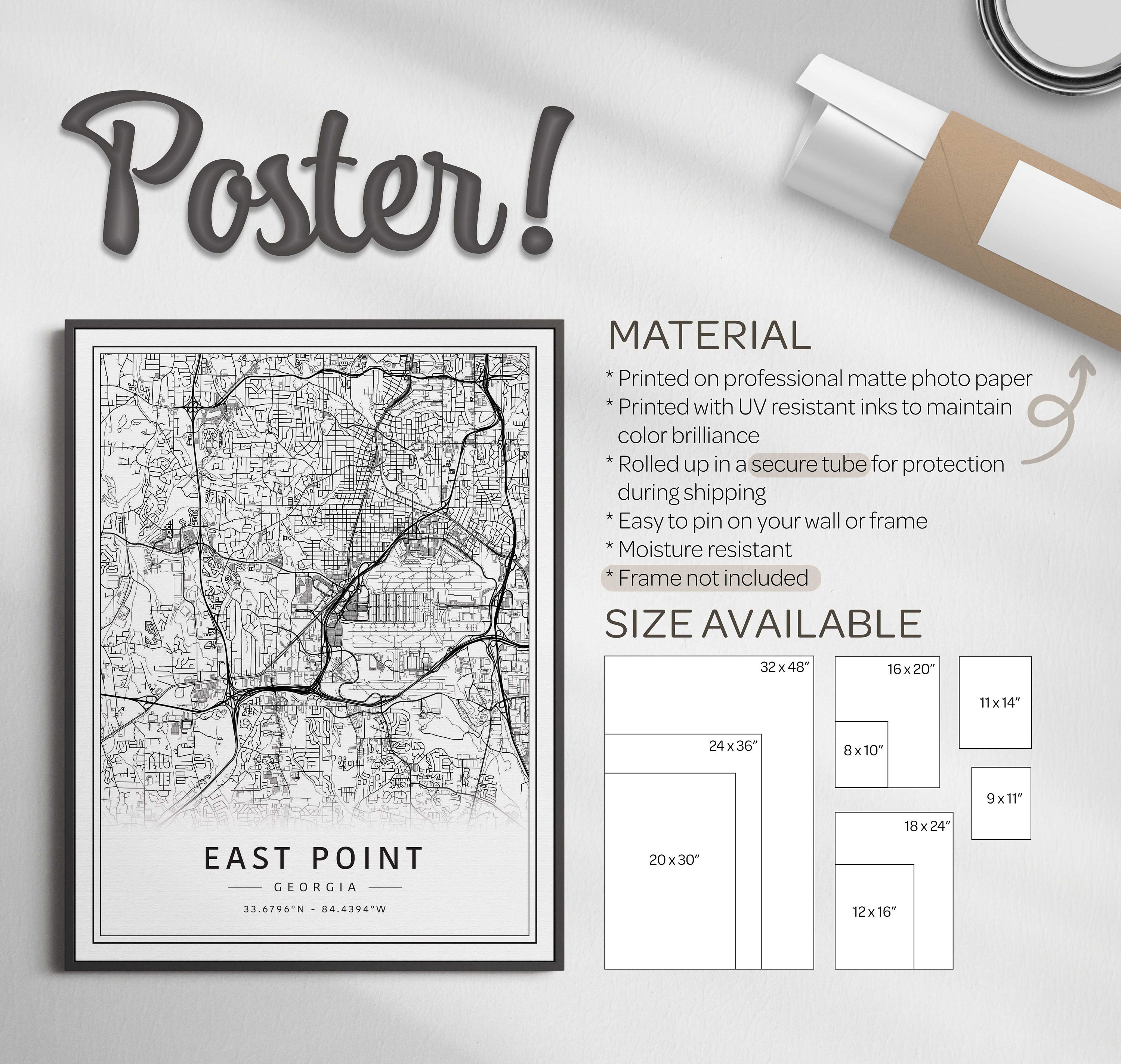 East Point GA Street Map Print | Acrylic East Point City Map Print ...