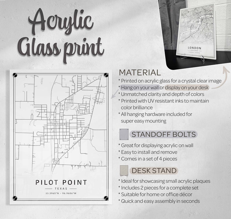 Pilot Point TX Street Map Print Acrylic Pilot Point City Map Print ...