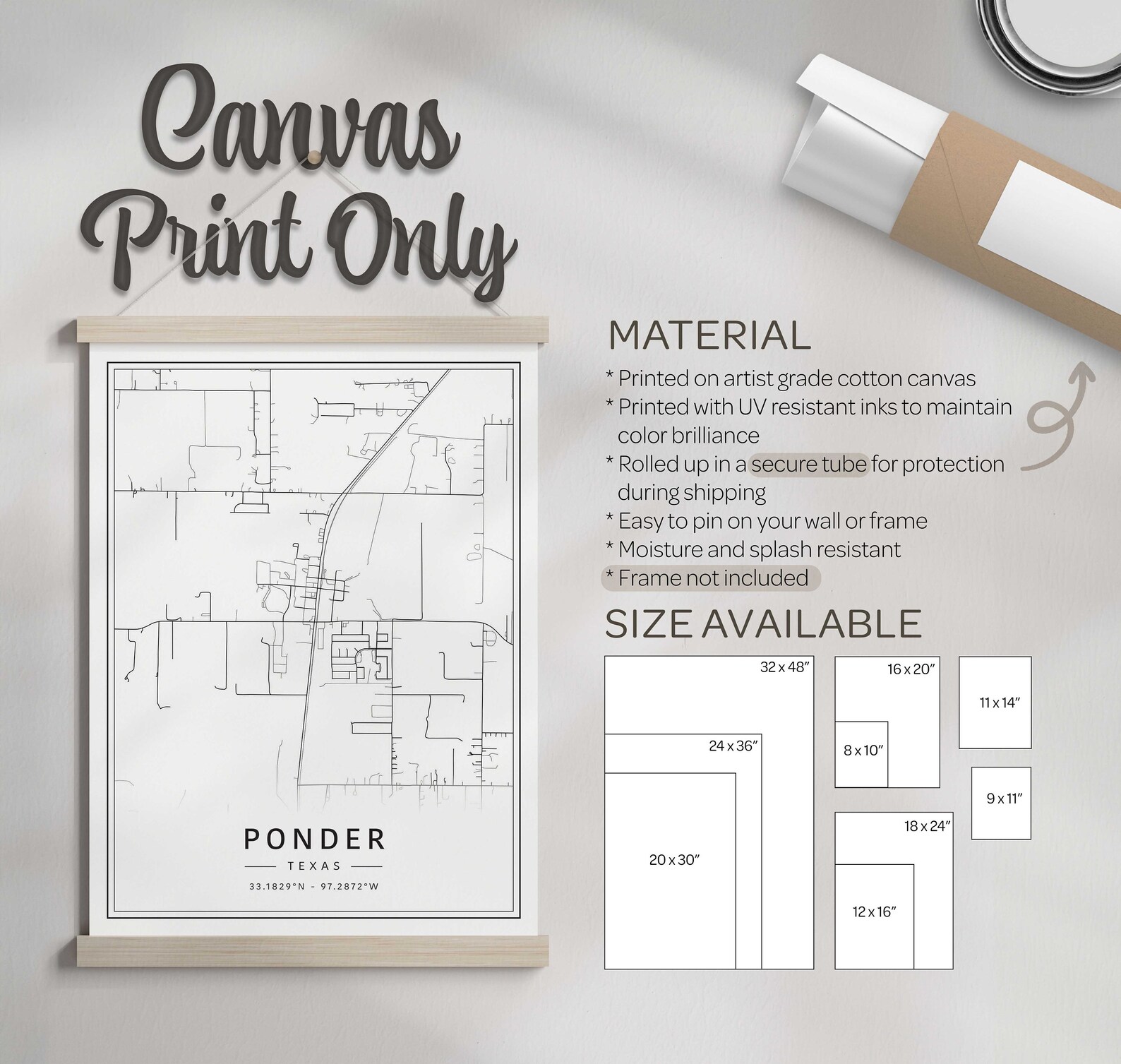 Ponder Texas Street Map Print | Acrylic Ponder City Map Print | Canvas ...