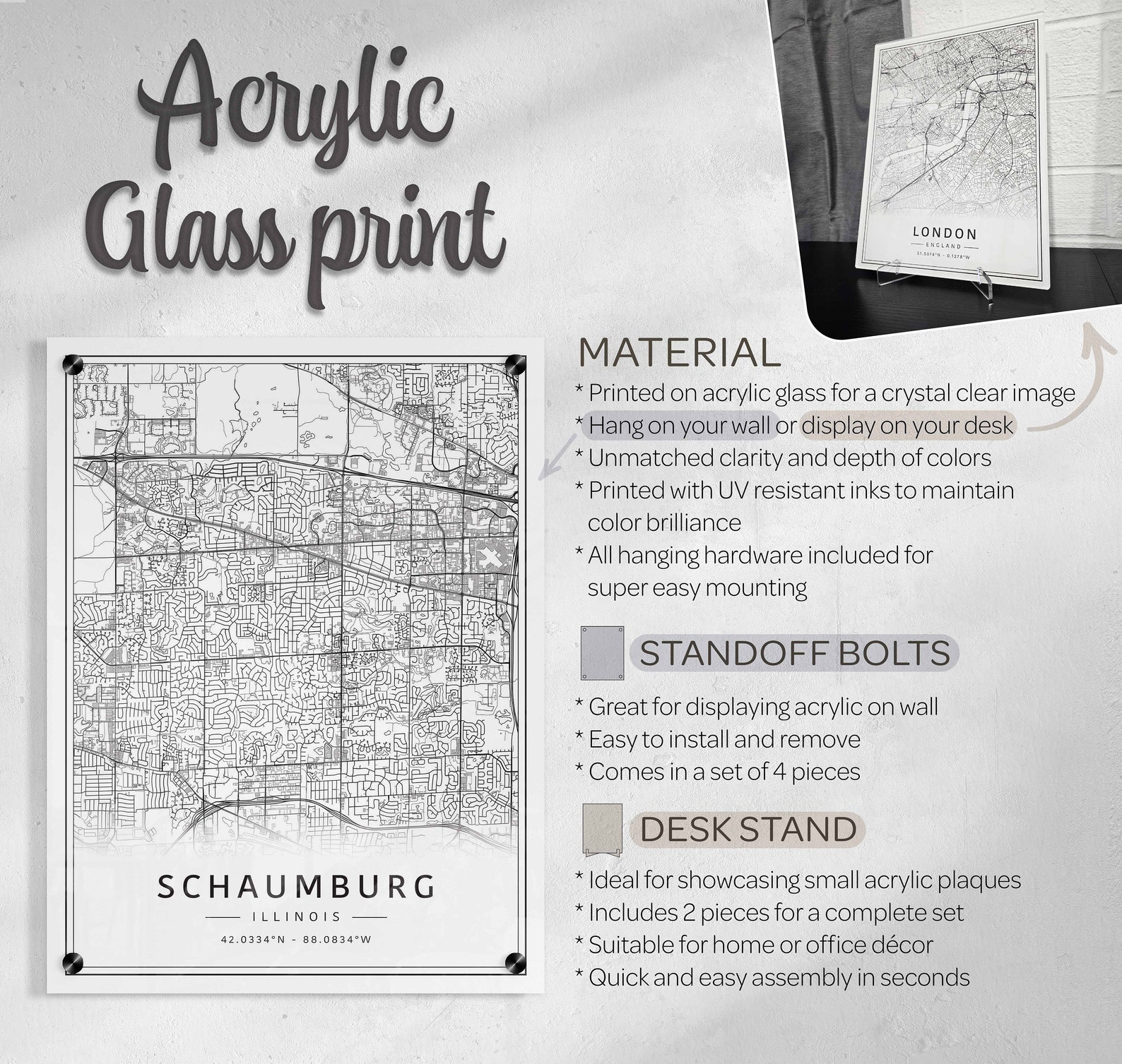 Schaumburg IL Street Map Print | Acrylic Schaumburg Map Print | Canvas ...