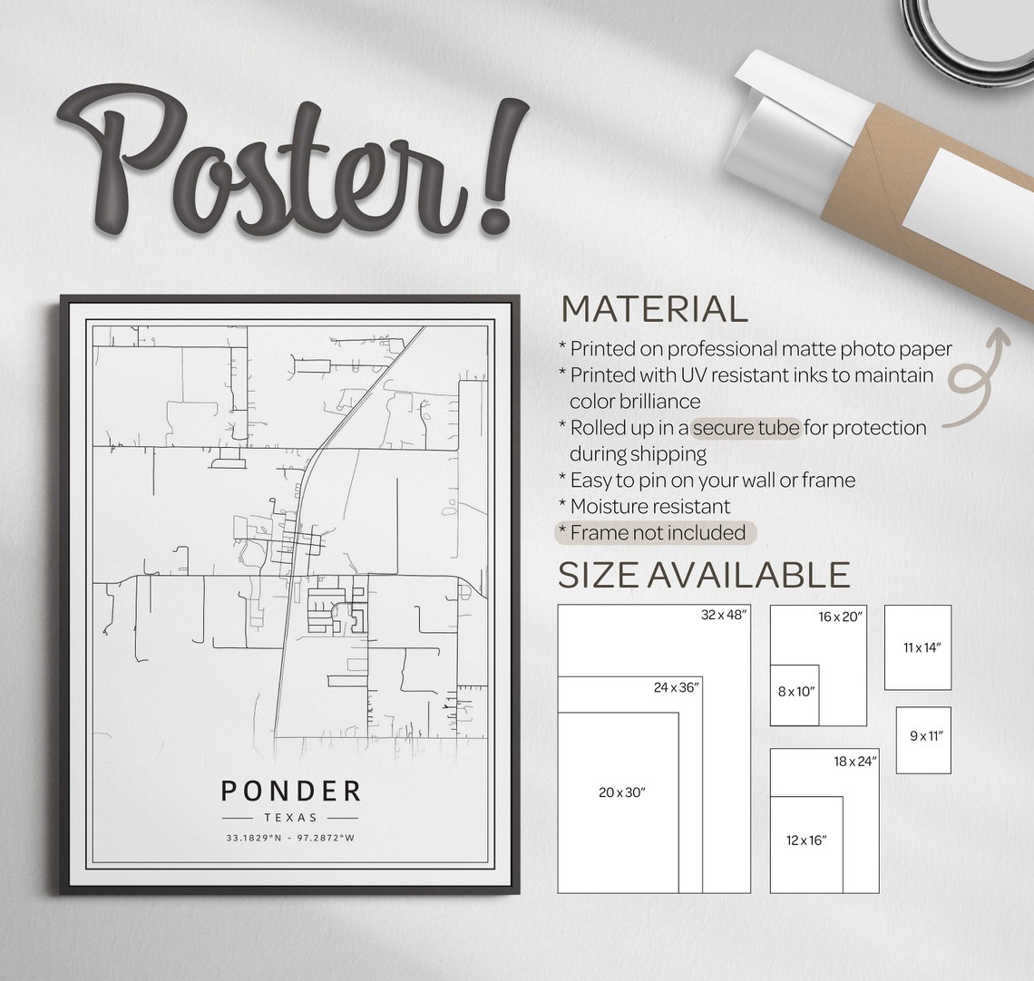 Ponder Texas Street Map Print | Acrylic Ponder City Map Print | Canvas ...