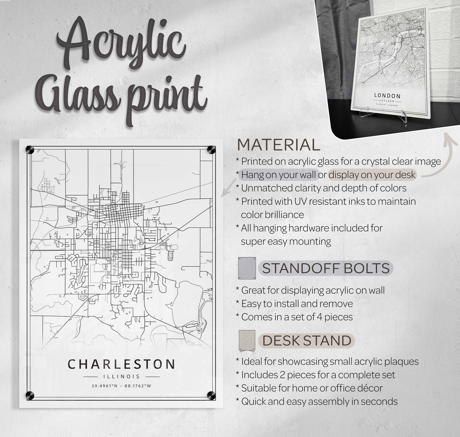 Charleston Illinois Street Map Print | Acrylic Glass Charleston City ...