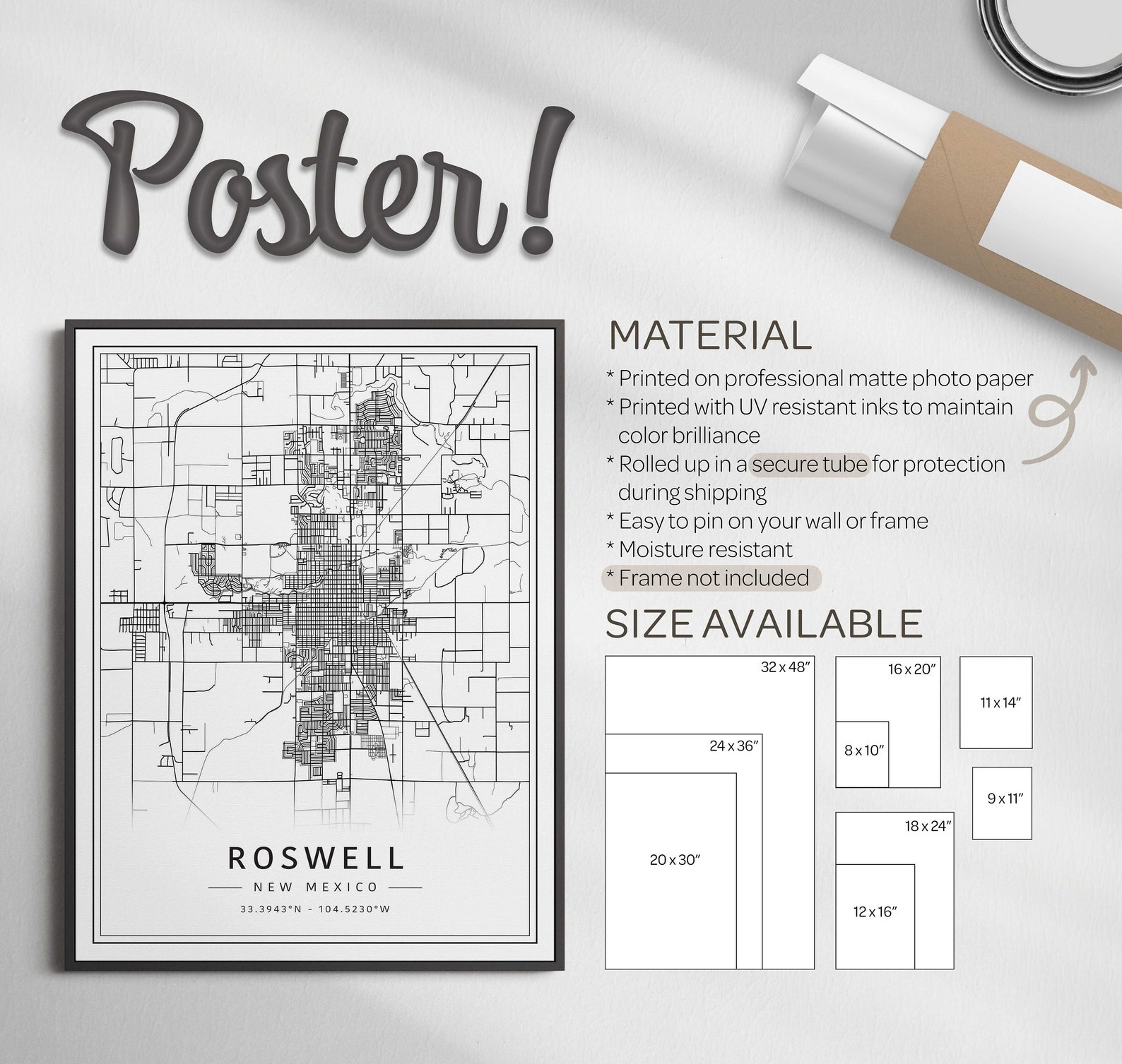Roswell NM Street Map Print | Acrylic Glass Roswell City Map Print ...