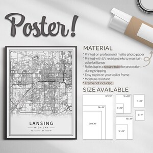 Lansing Michigan Street Map Print | Acrylic Glass Lansing City Map ...