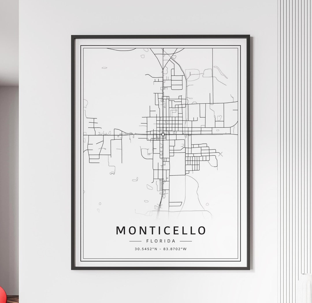 Monticello Florida Street Map Print | Acrylic Glass Monticello Map ...