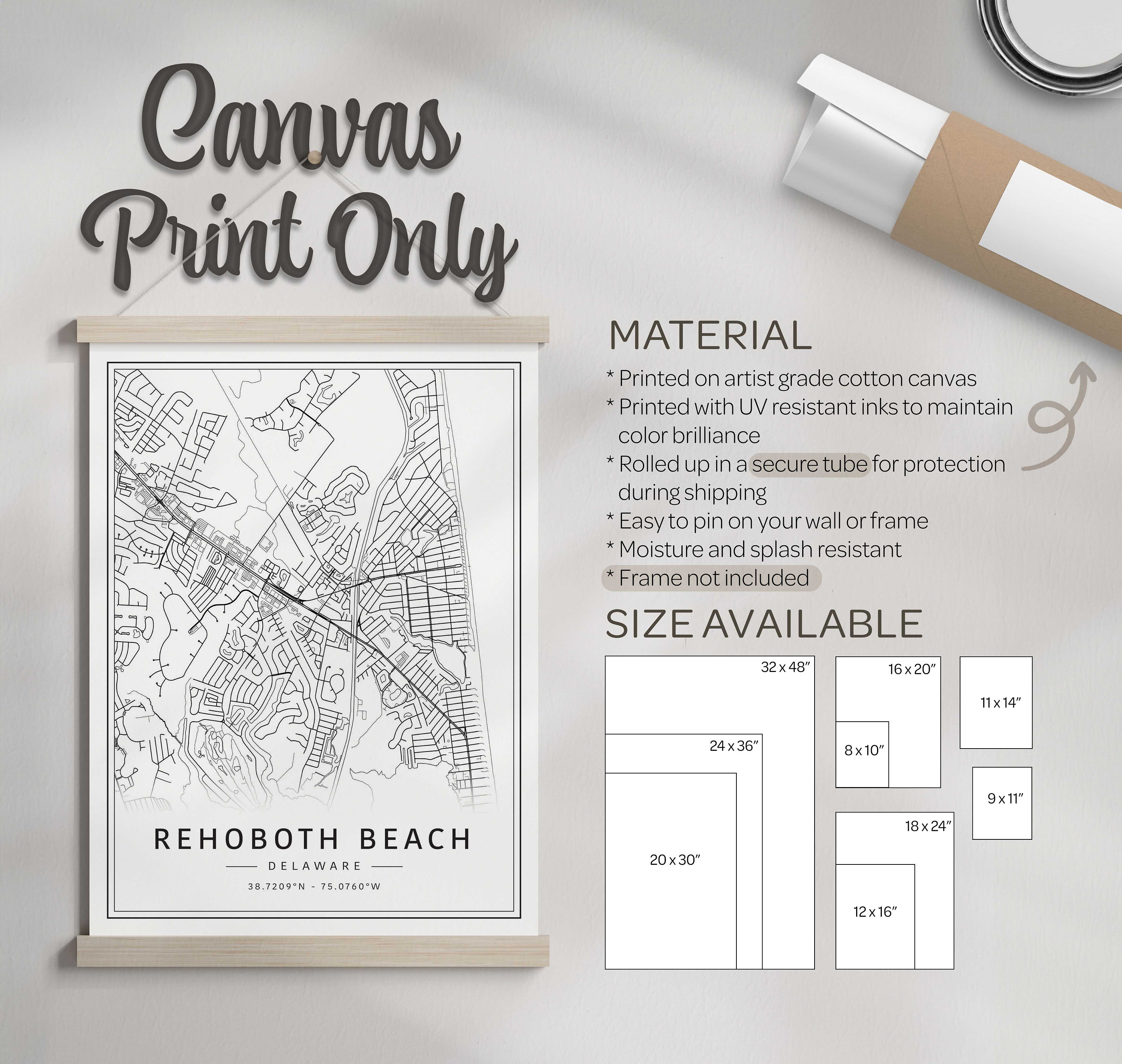 Rehoboth Beach DE Street Map Print | Acrylic Rehoboth Beach Map Print ...