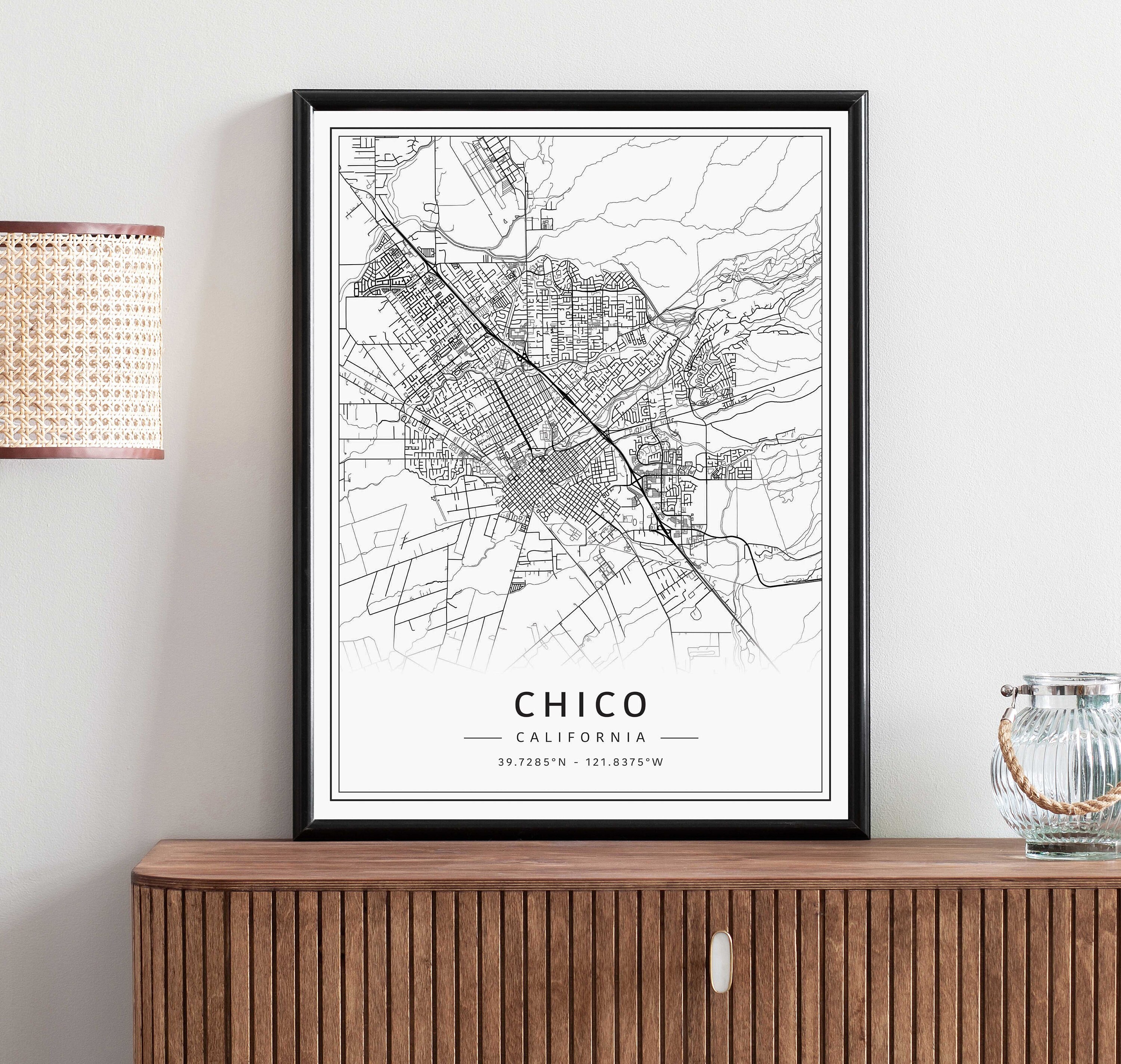 Chico California Street Map Print Acrylic Glass Chico Map Print Canvas ...