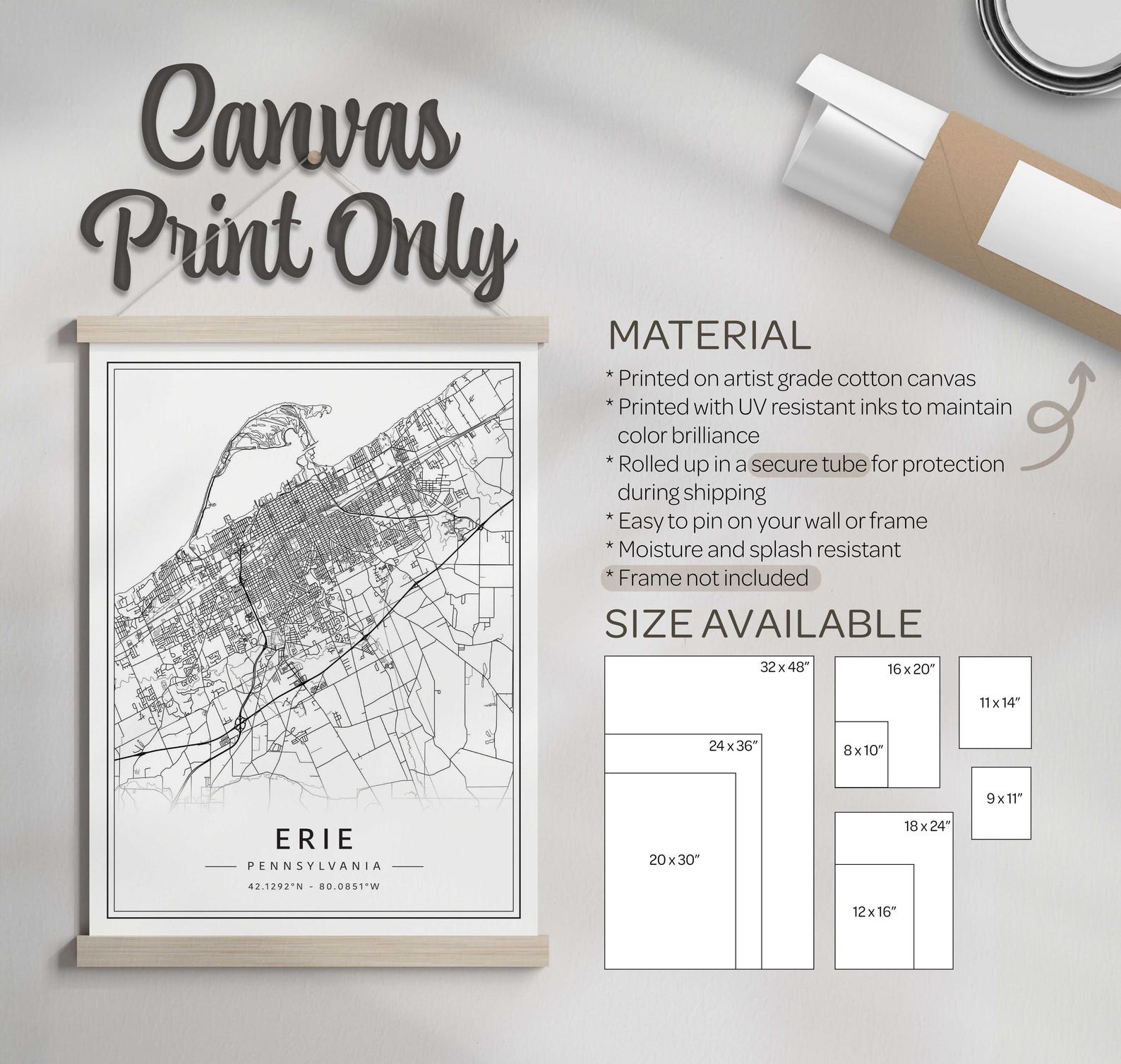Erie Pennsylvania Street Map Print | Acrylic Erie City Map Print ...
