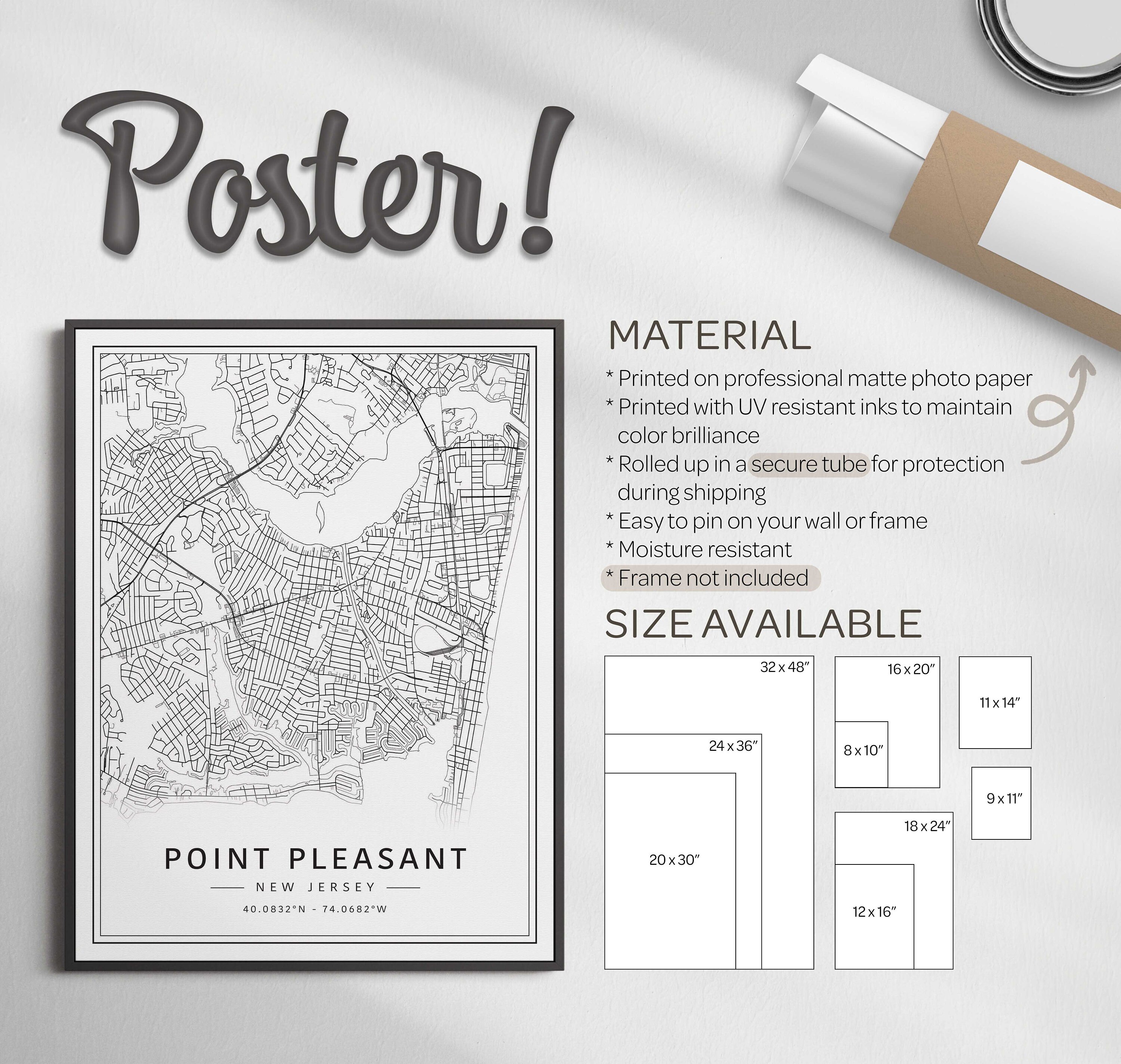 Point Pleasant NJ Street Map Print | Acrylic Glass Point Pleasant City ...