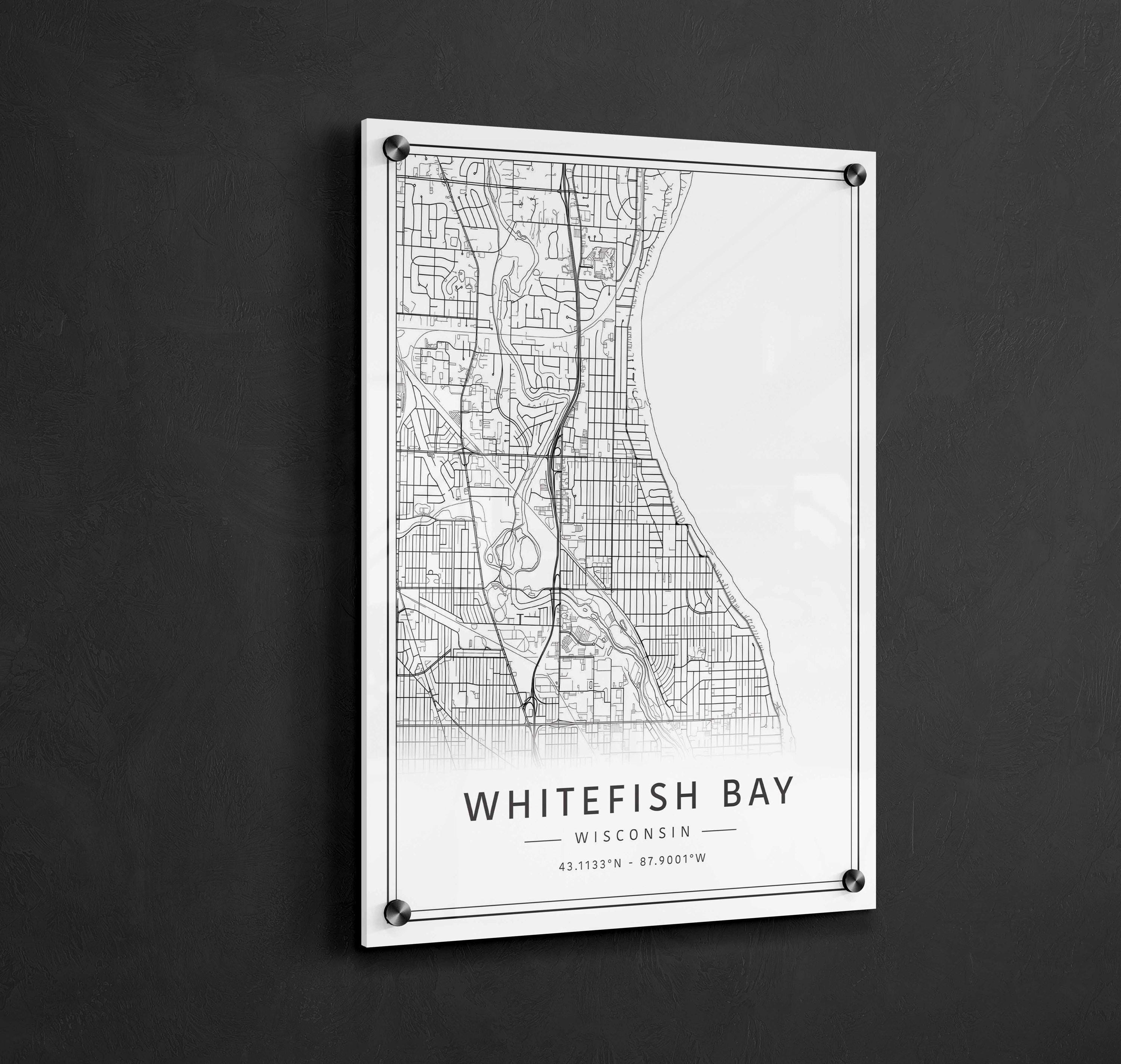 Whitefish Bay WI Street Map Print | Acrylic Glass Whitefish Bay Map ...