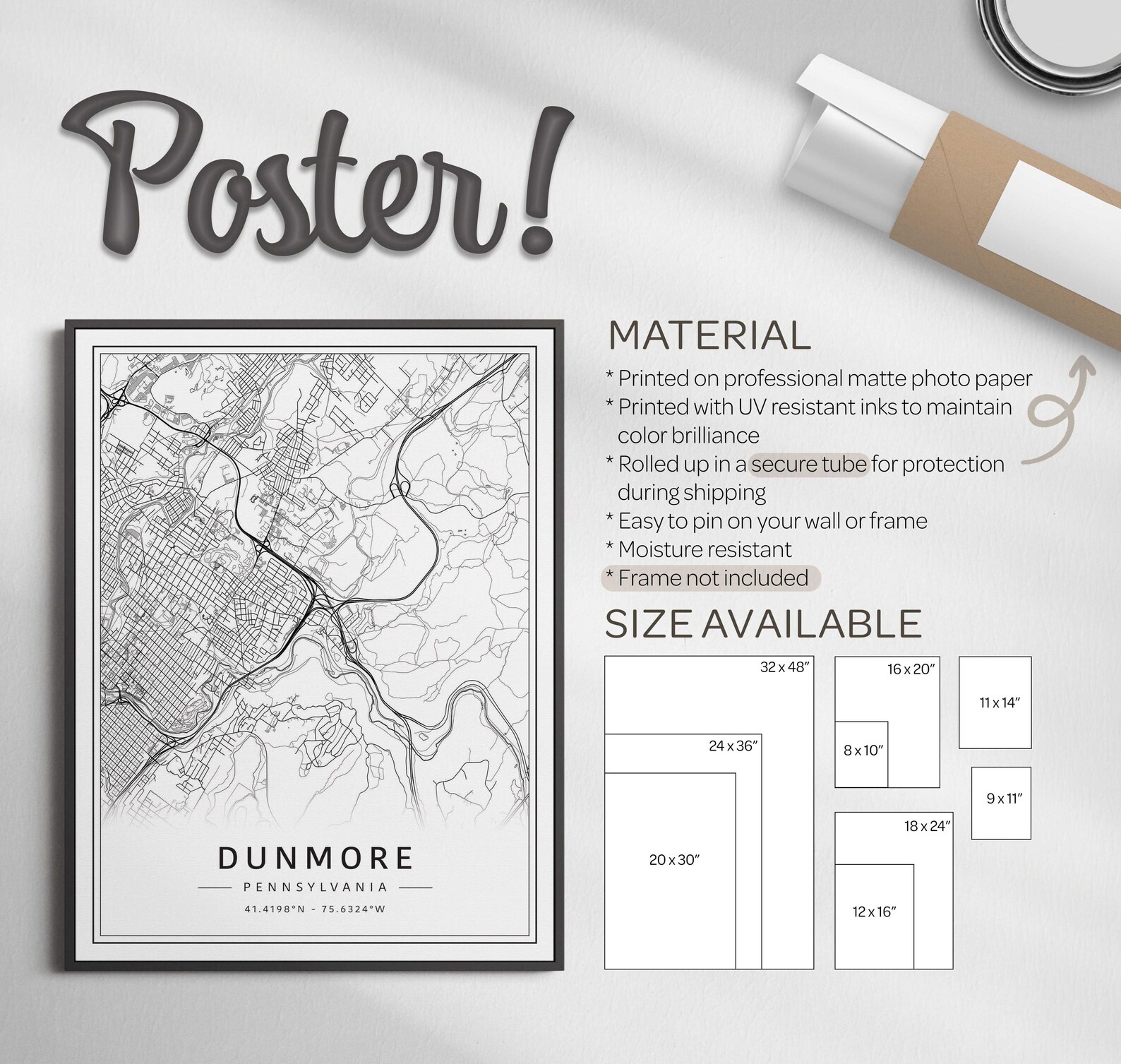 Dunmore PA Street Map Print | Acrylic Glass Dunmore Map Print | Canvas ...