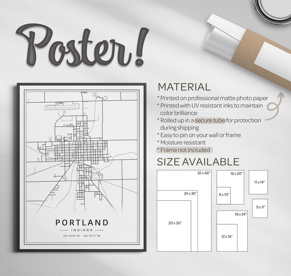 Portland Indiana Street Map Print | Acrylic Glass Portland City Map ...