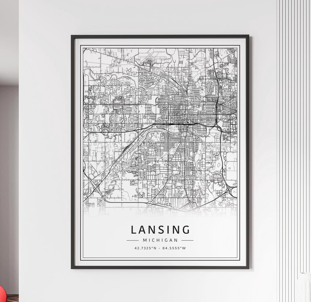 Lansing Michigan Street Map Print | Acrylic Glass Lansing City Map ...