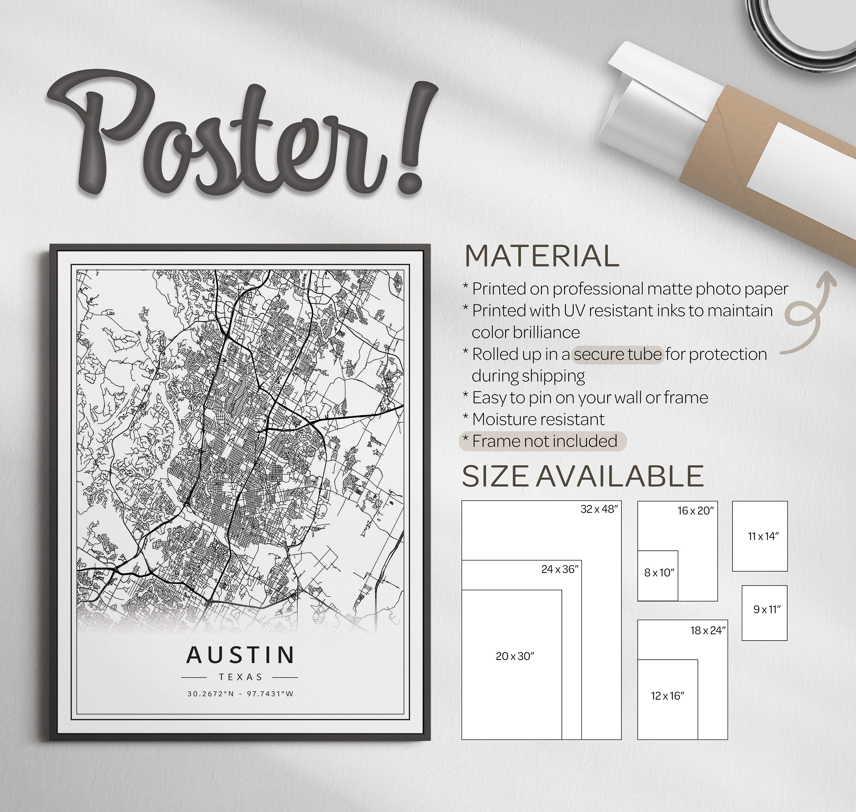 Austin Texas Street Map Print Acrylic Glass Austin City Map Print ...