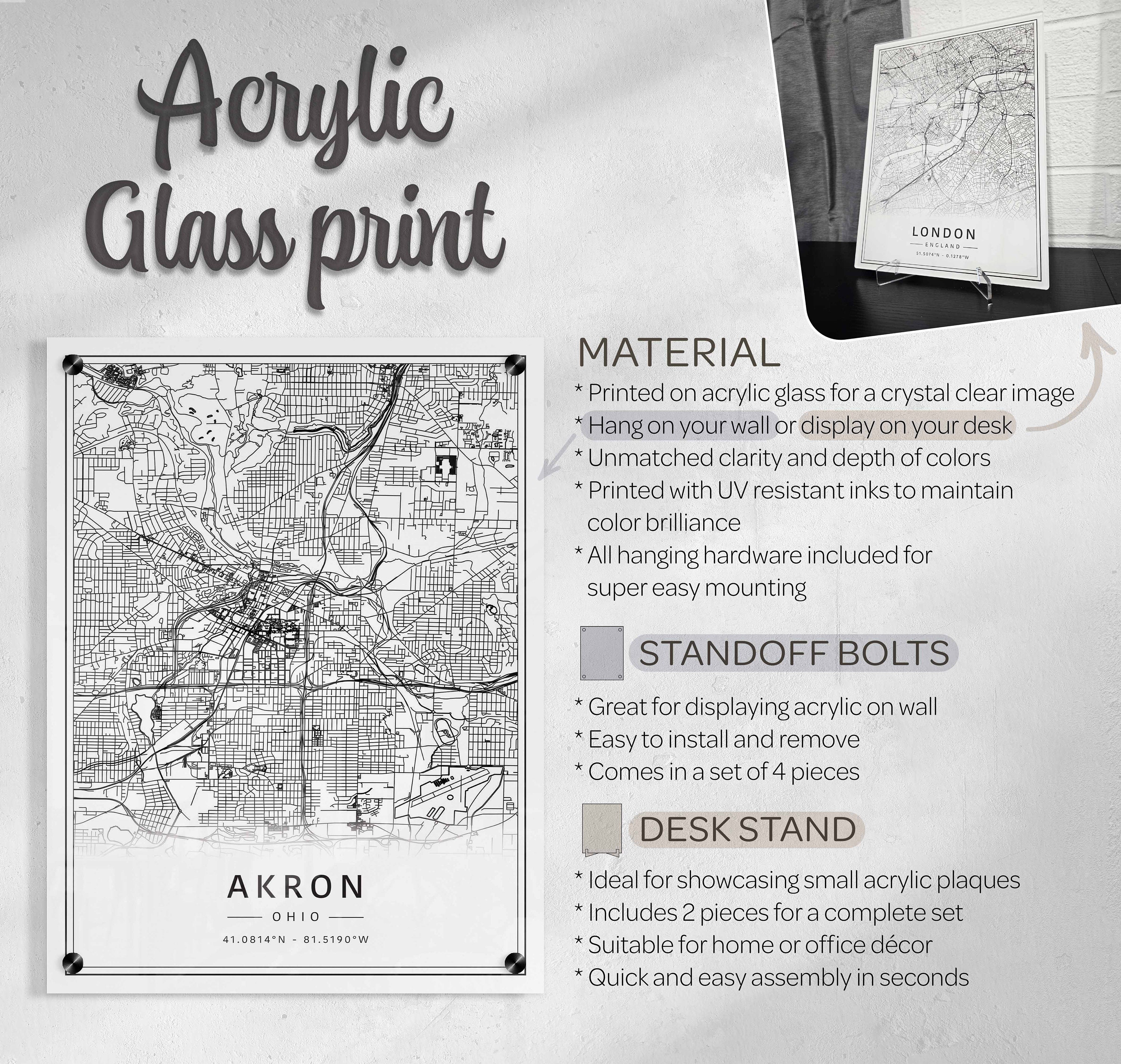 Akron Ohio Street Map Print | Acrylic Glass Akron City Map Print ...