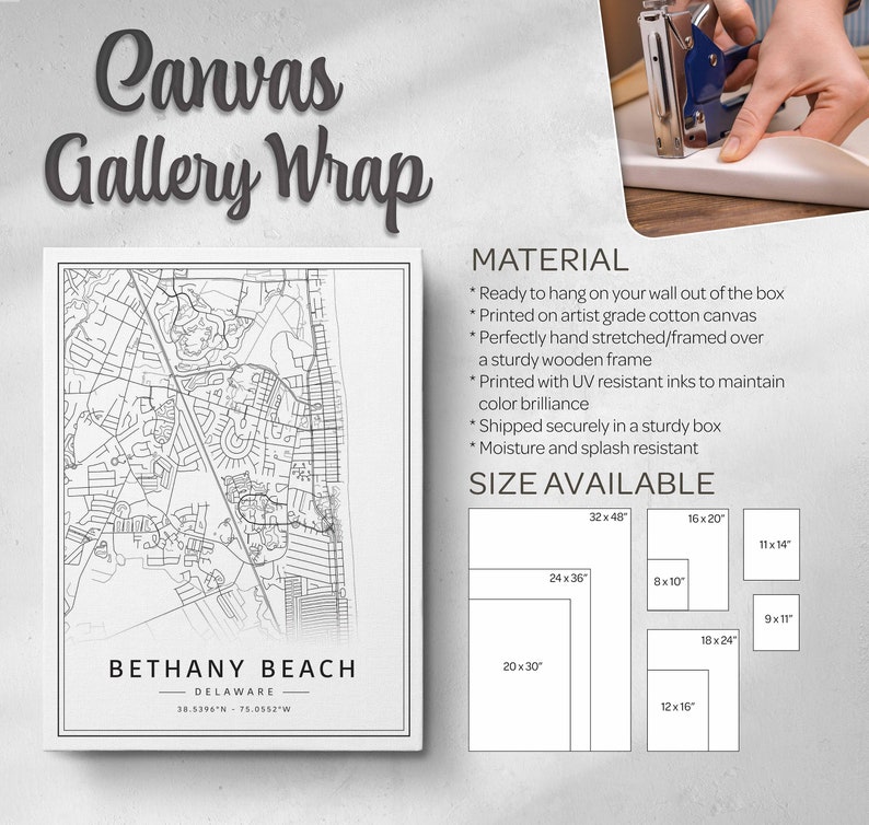 Bethany Beach Street Map Print Acrylic Bethany Beach Map Print Canvas ...