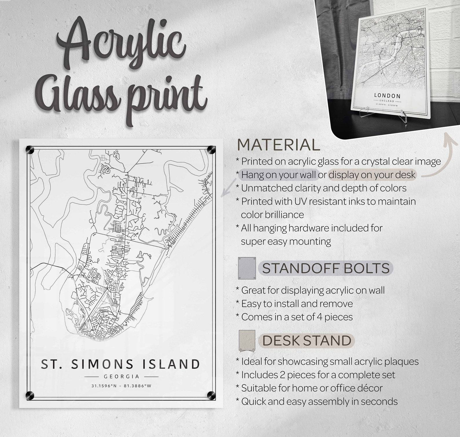 St. Simons Island GA Street Map Print Acrylic St. Simons Island Map ...
