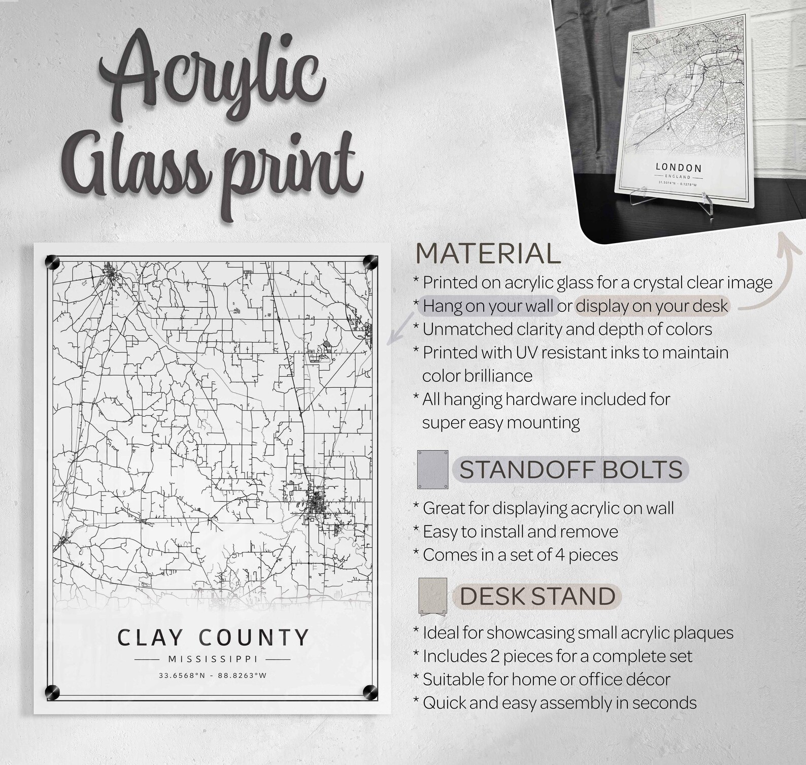 Clay County MS Street Map Print | Acrylic Glass Clay County Map Print ...