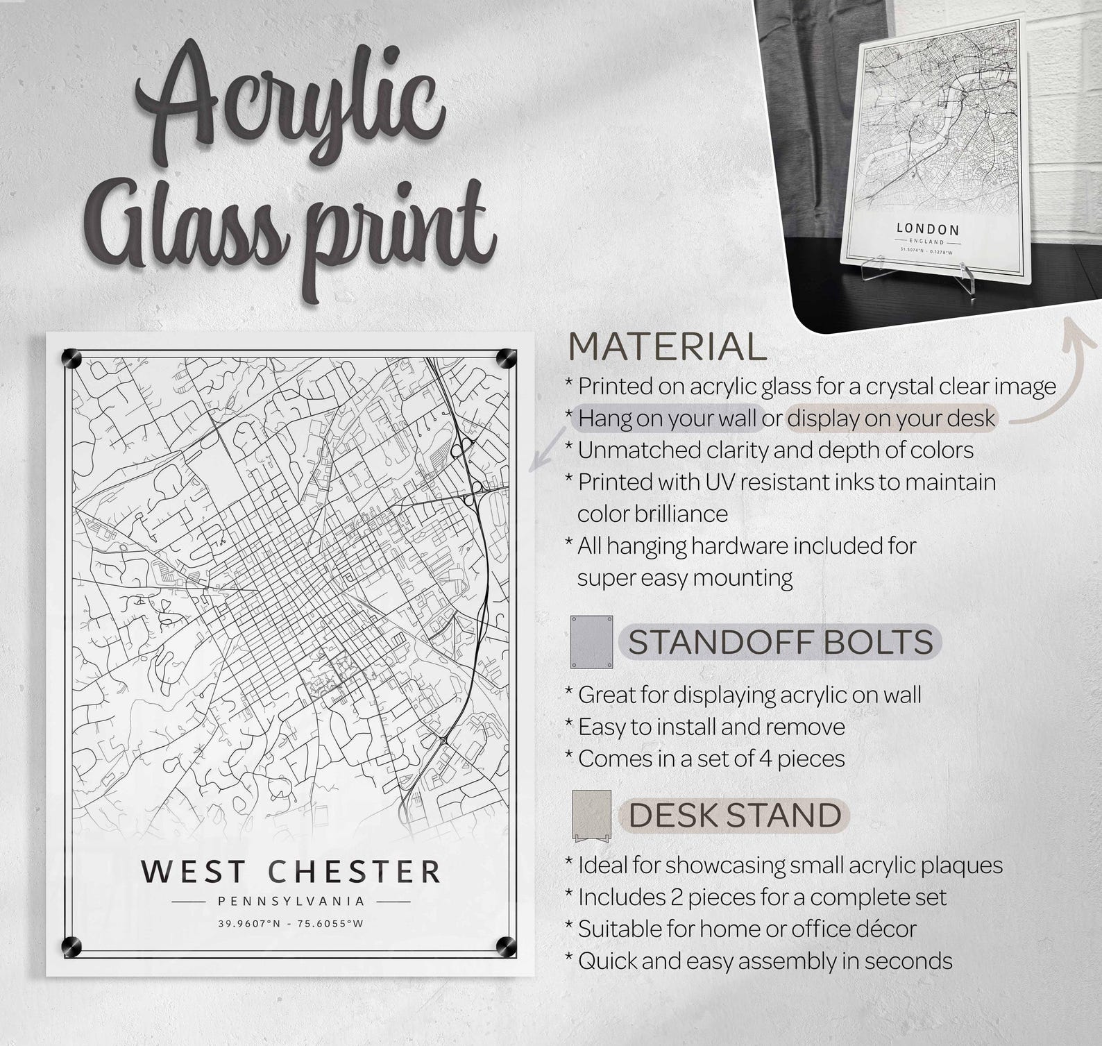 West Chester PA Street Map Print | Acrylic Glass West Chester Map Print ...