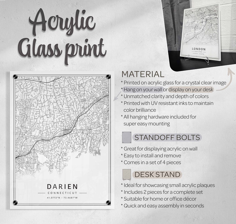 Darien Connecticut Street Map Print | Acrylic Darien Map Print | Canvas ...