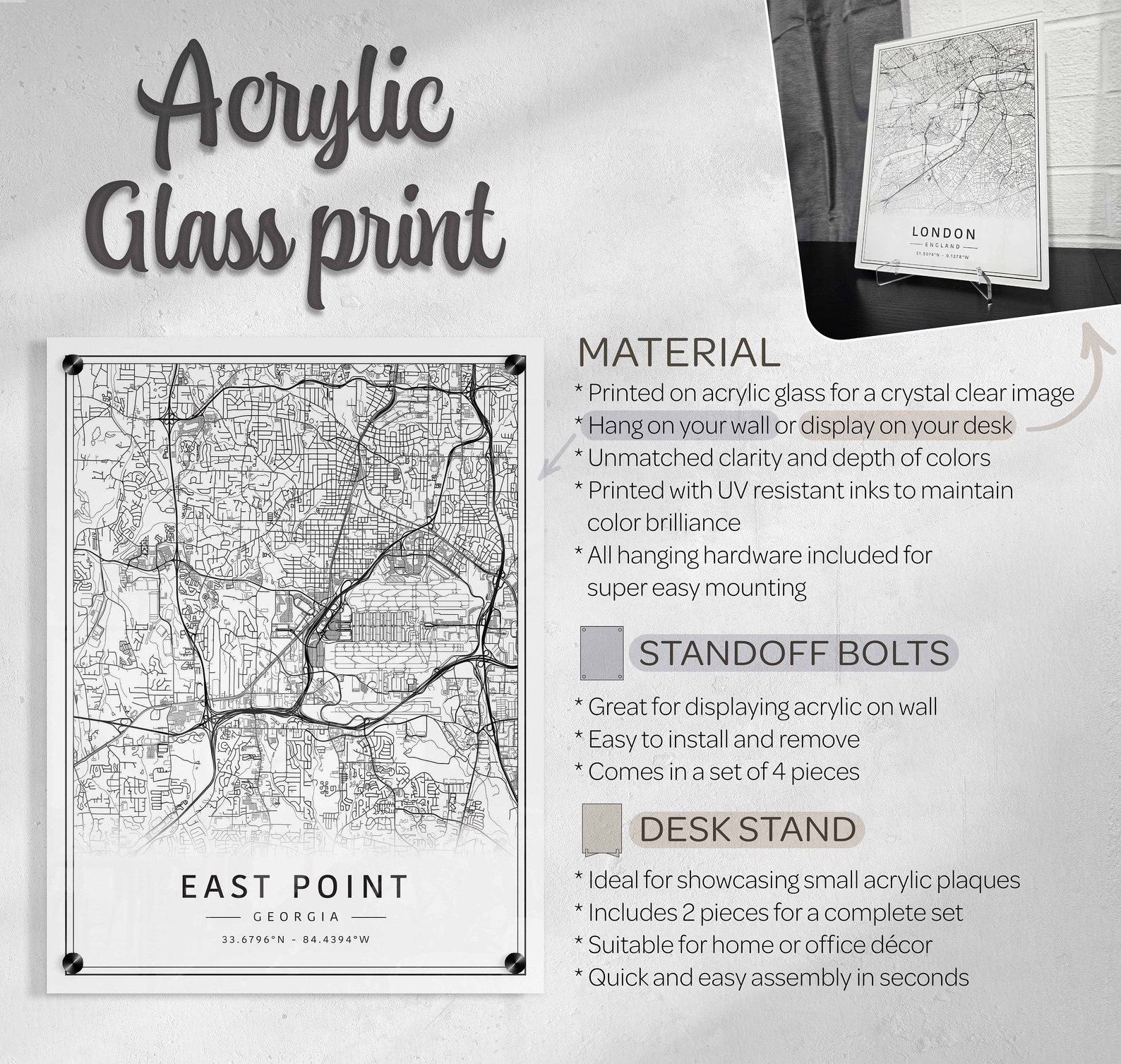 East Point GA Street Map Print | Acrylic East Point City Map Print ...