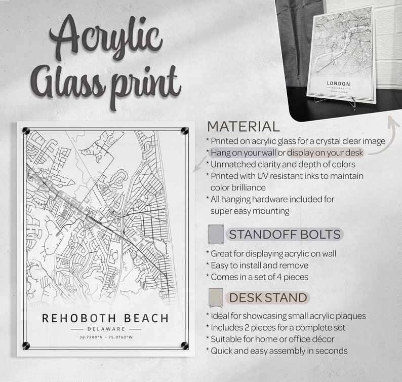 Rehoboth Beach DE Street Map Print | Acrylic Rehoboth Beach Map Print ...