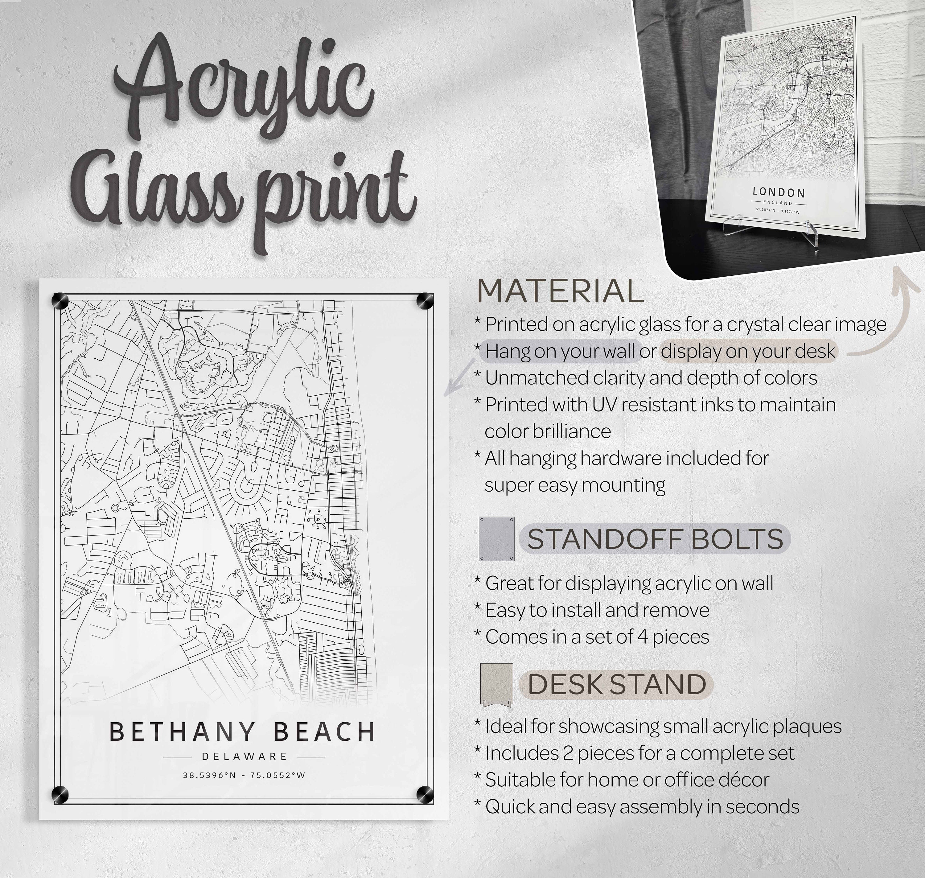 Bethany Beach Street Map Print Acrylic Bethany Beach Map Print Canvas ...