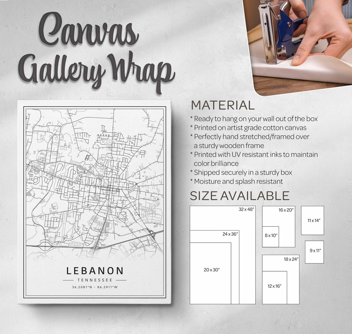 Lebanon TN Street Map Print | Acrylic Lebanon City Map Print | Canvas ...