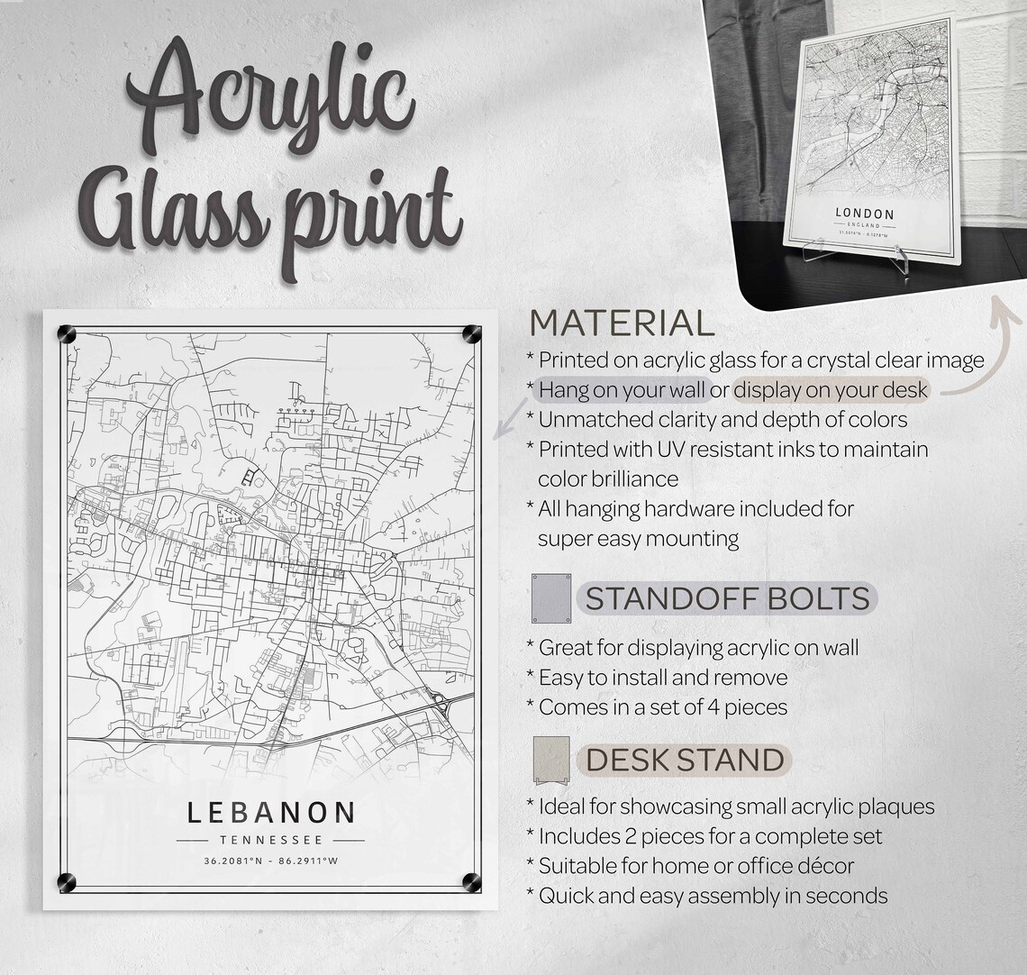 Lebanon TN Street Map Print | Acrylic Lebanon City Map Print | Canvas ...