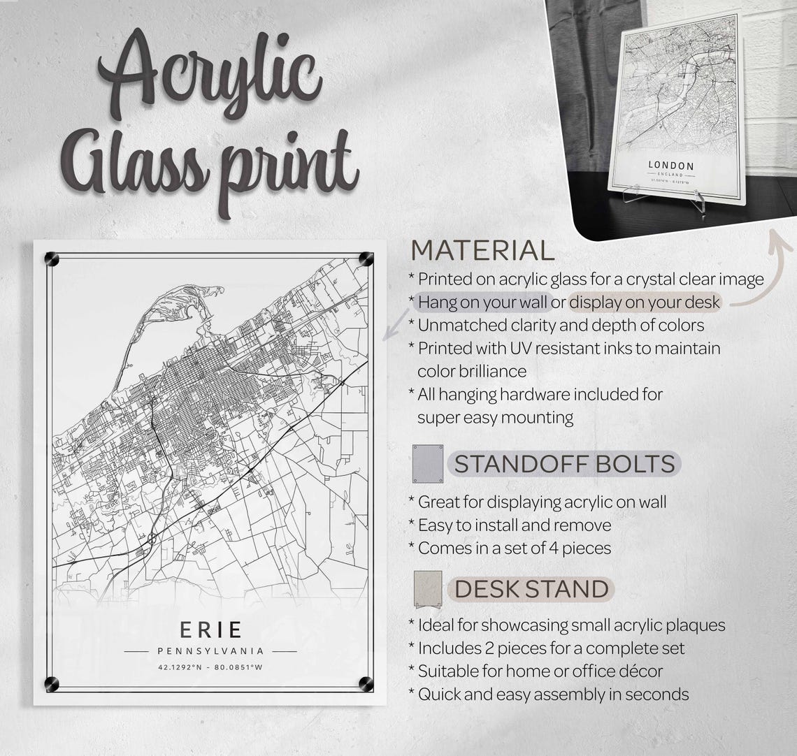 Erie Pennsylvania Street Map Print | Acrylic Erie City Map Print ...