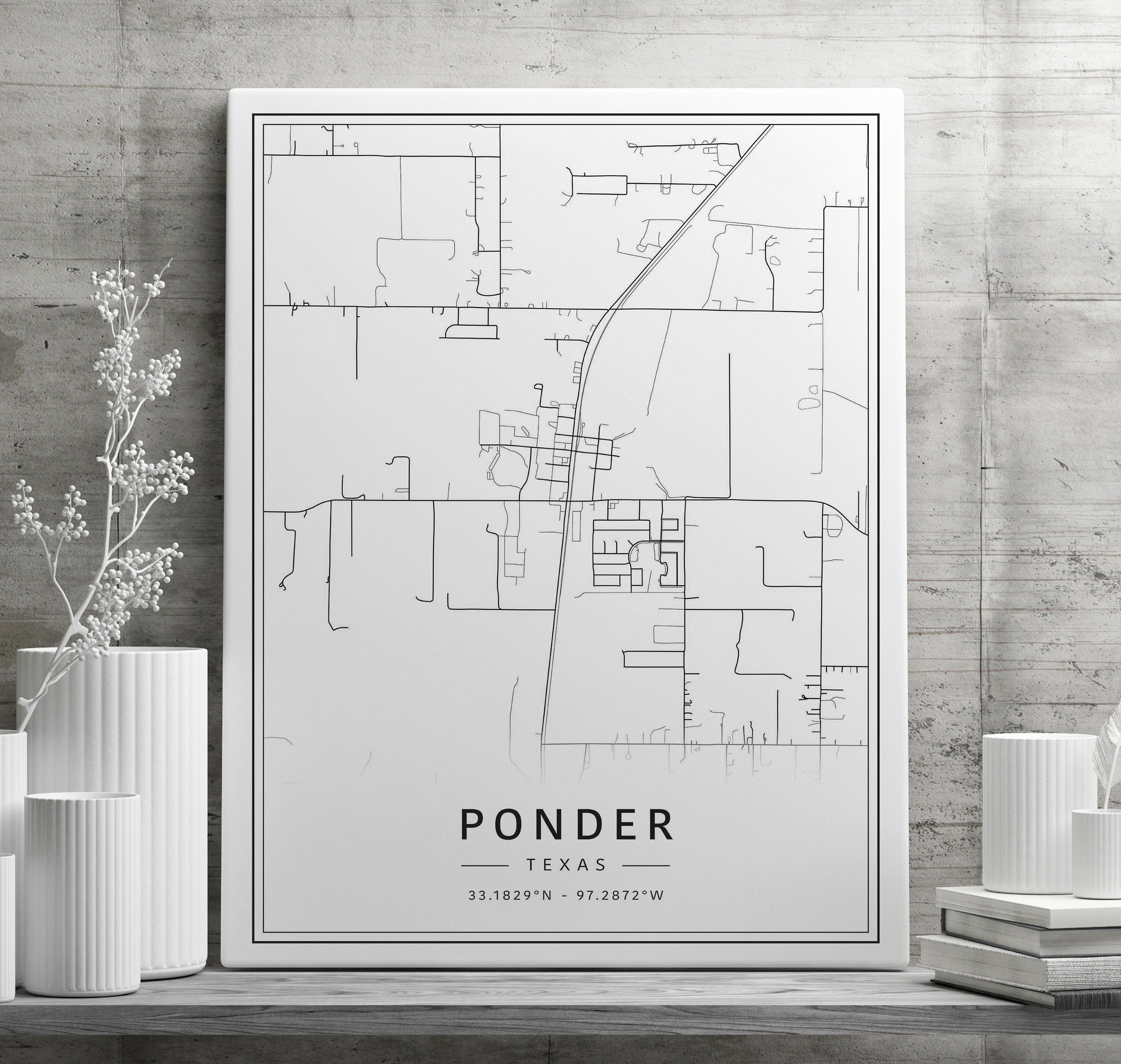 Ponder Texas Street Map Print | Acrylic Ponder City Map Print | Canvas ...