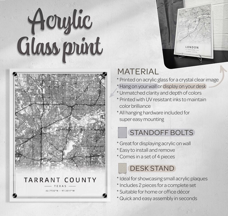 Tarrant County TX Street Map Print Acrylic Tarrant County Map Print ...
