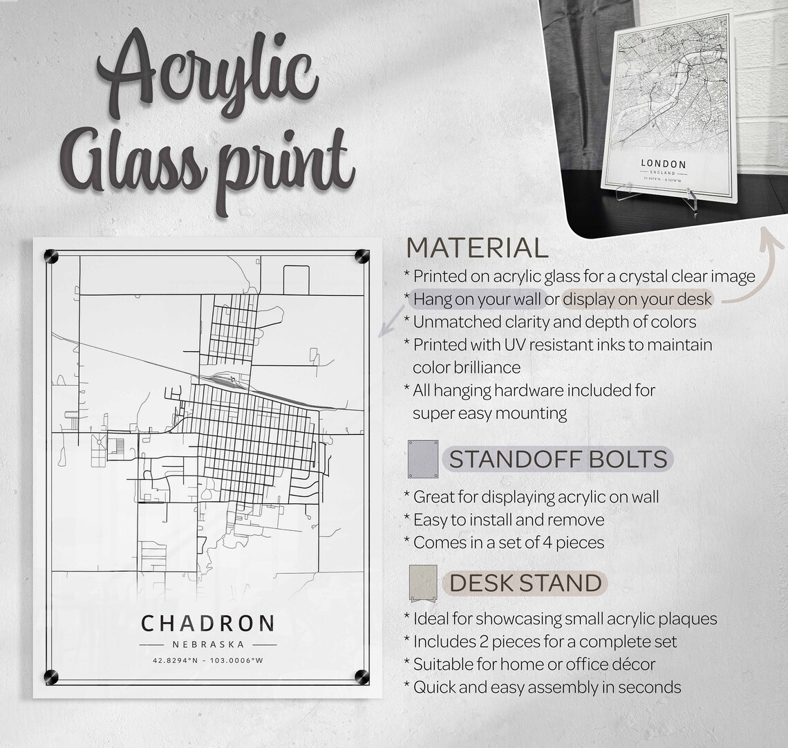Chadron NE Street Map Print | Acrylic Glass Chadron City Map Print ...