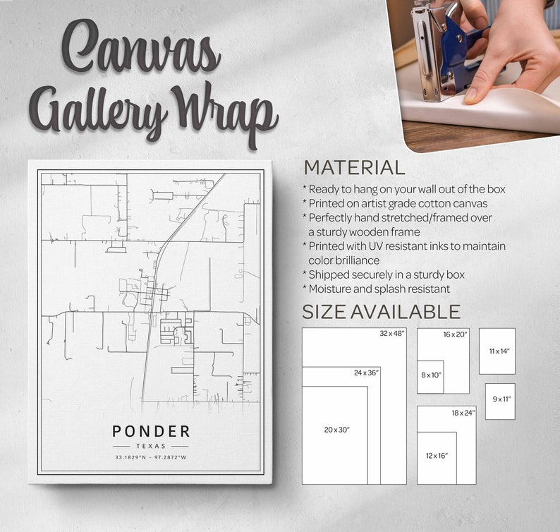 Ponder Texas Street Map Print | Acrylic Ponder City Map Print | Canvas ...
