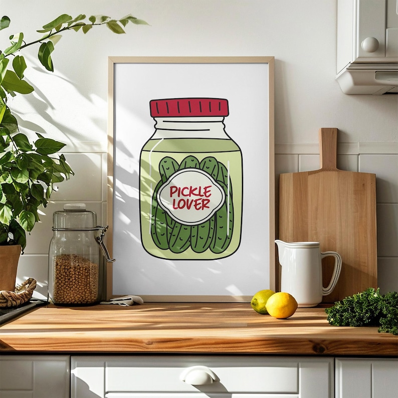 Pickle Lover Print, Cute Pickle Jar Poster, Dill, Kitchen Art, Foodie ...