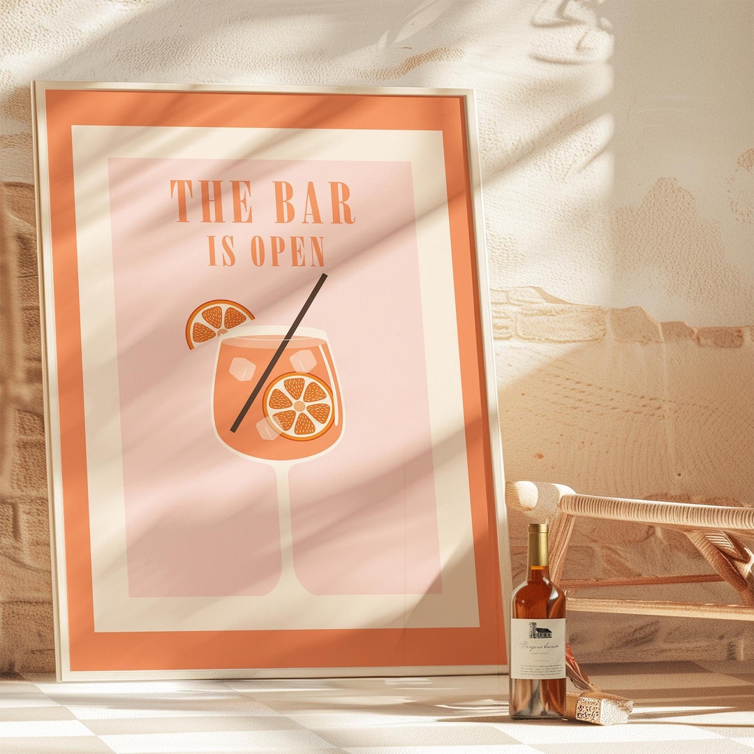 The Bar is Open, Aperol Cocktail Print, Orange & Blush, Bar Cart Art ...