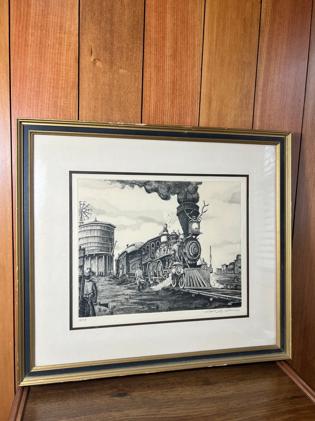 Vintage Framed Sketch Art of Train Railroad by Artist Alan Jay Gaines ...