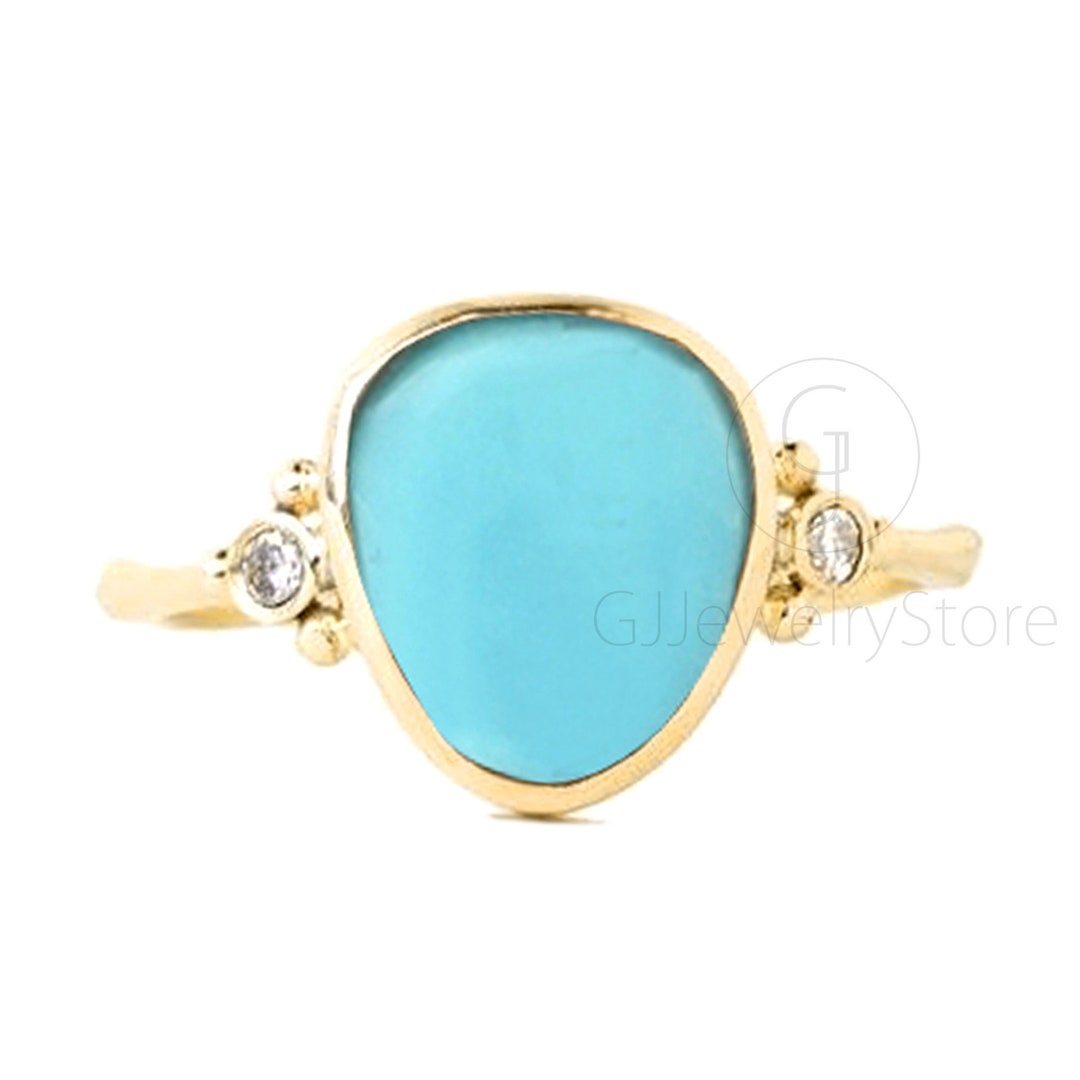 Unshaped Turquoise Gemstone Ring, Diamond Ring, Wave Band Ring ...