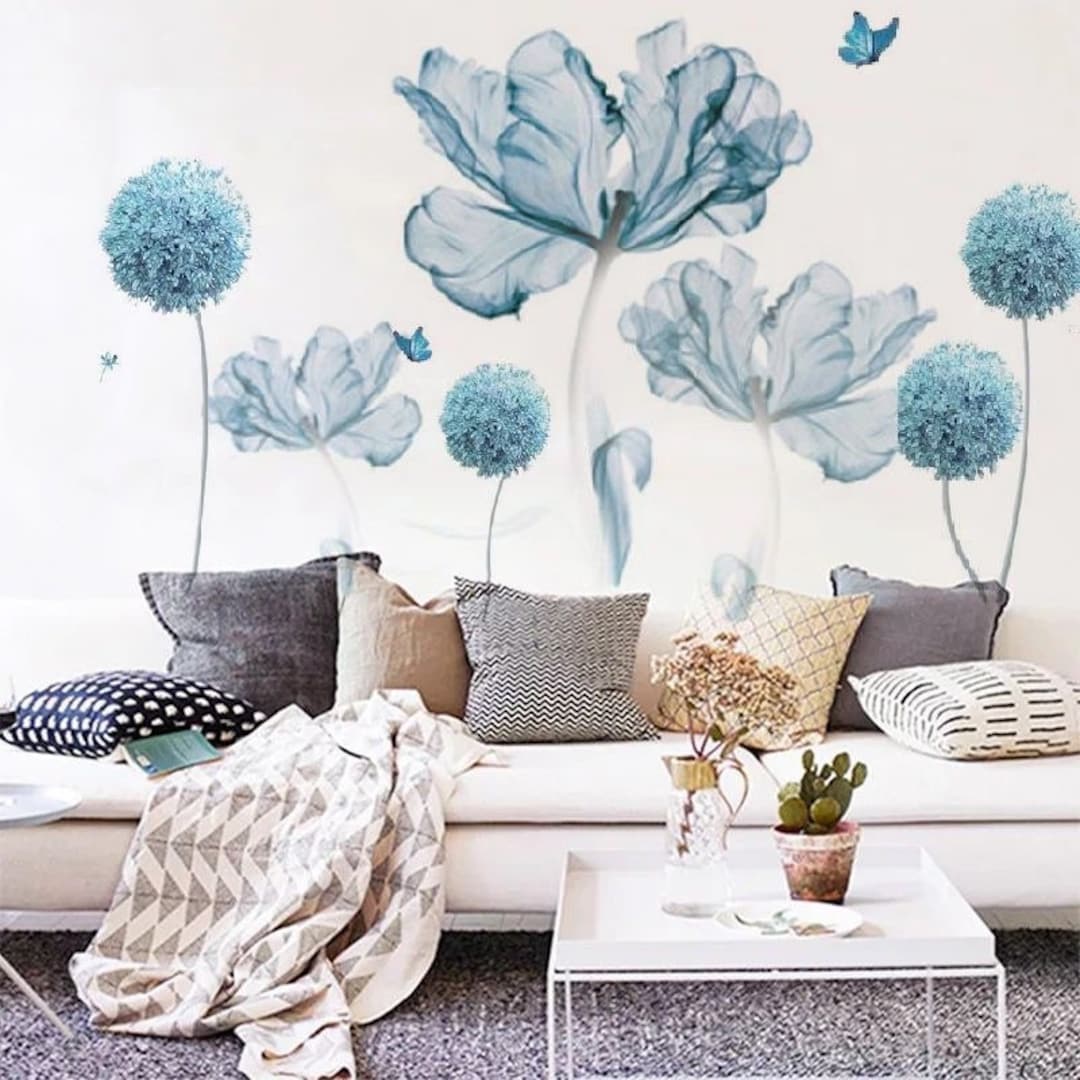 Blue Flower Wall Decals, Flower Wall Stickers for Bedroom Living Room ...
