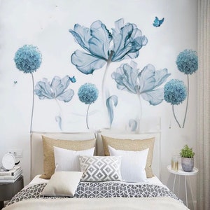 Blue Flower Wall Decals, Flower Wall Stickers for Bedroom Living Room ...