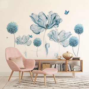 Blue Flower Wall Decals, Flower Wall Stickers for Bedroom Living Room ...
