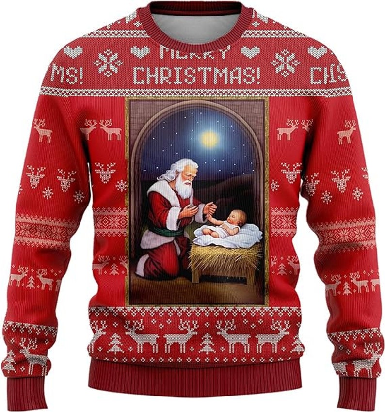 Santa And Jesus Ugly Christmas Sweaters Merry Christmas Mens Sweater Xmas Holiday Crew Neck Shirt