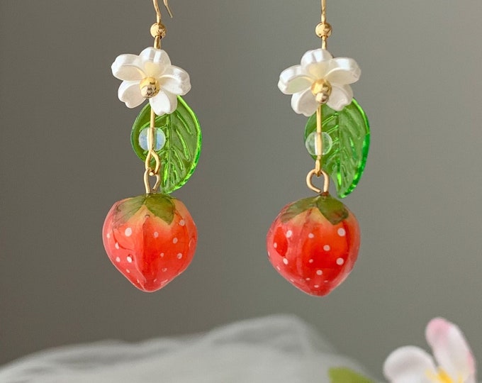 Strawberry Earrings - Strawberry Flower Leaf - Fruit Earrings - Cute ...
