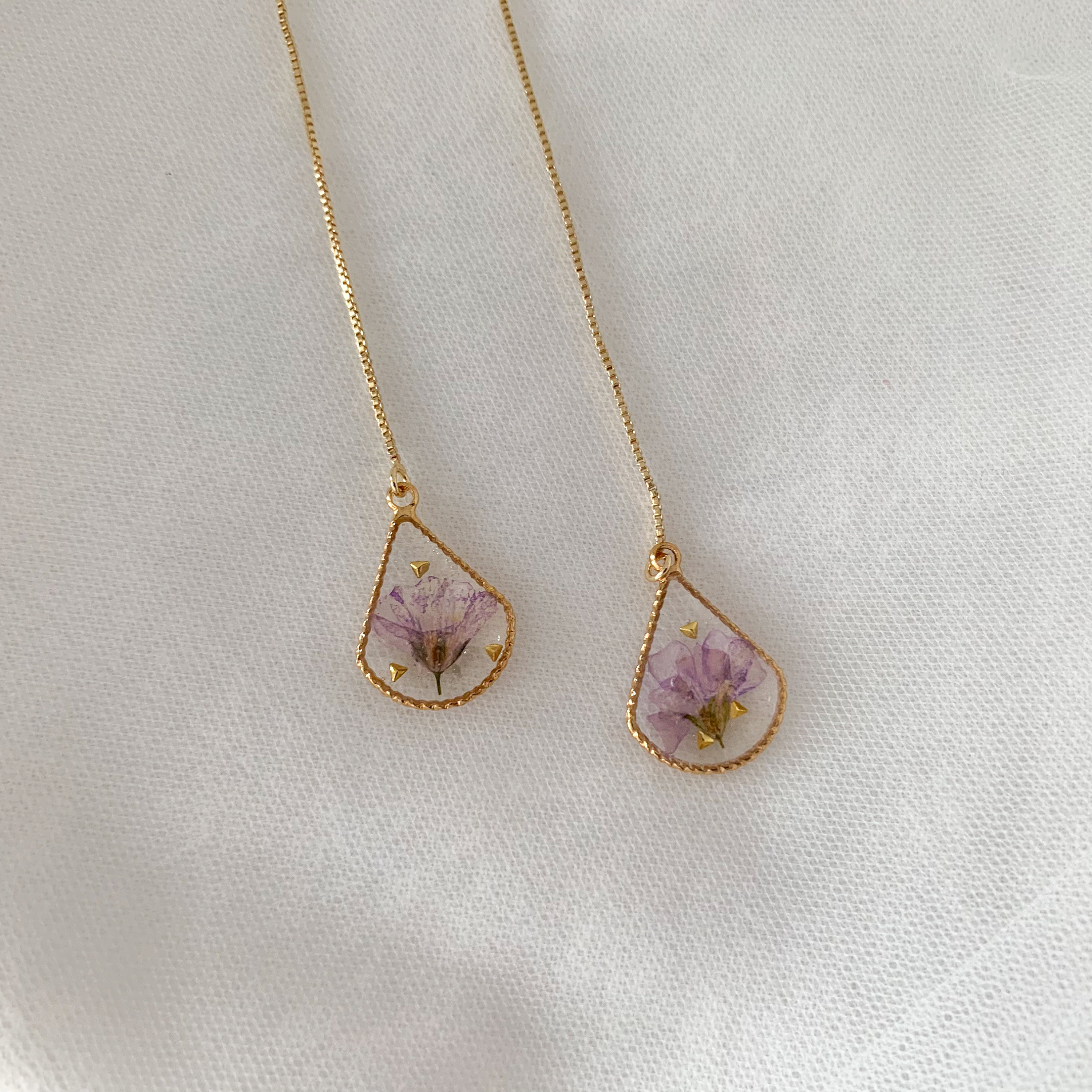 Teardrop Real Pressed Flower Earrings 14k Gold Threader - Etsy